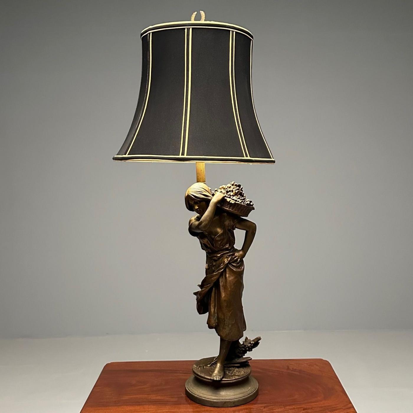 Metal Statue of a Woman Fruit Bearer, Mounted as Lamp, French, 1930s