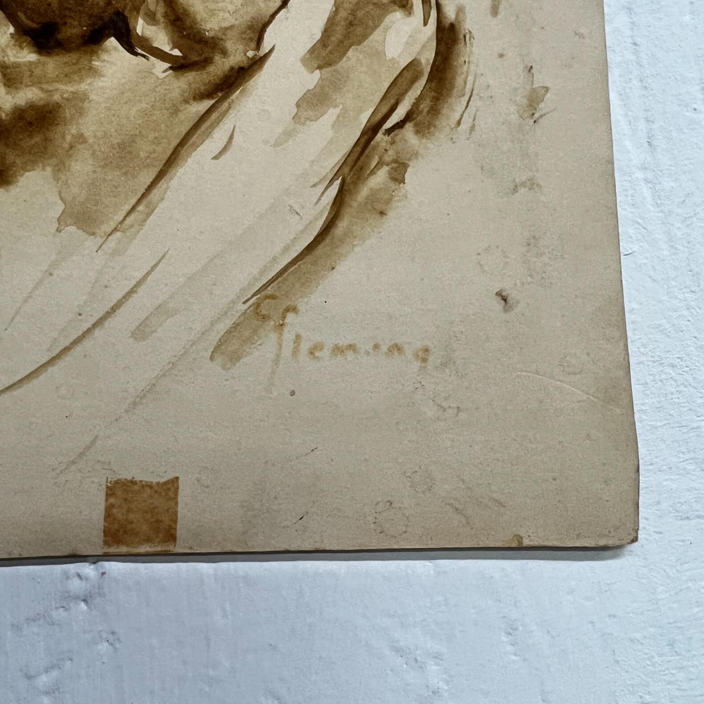 Mid 20th Century Art Watercolor Sketch signed by artist Fleming
