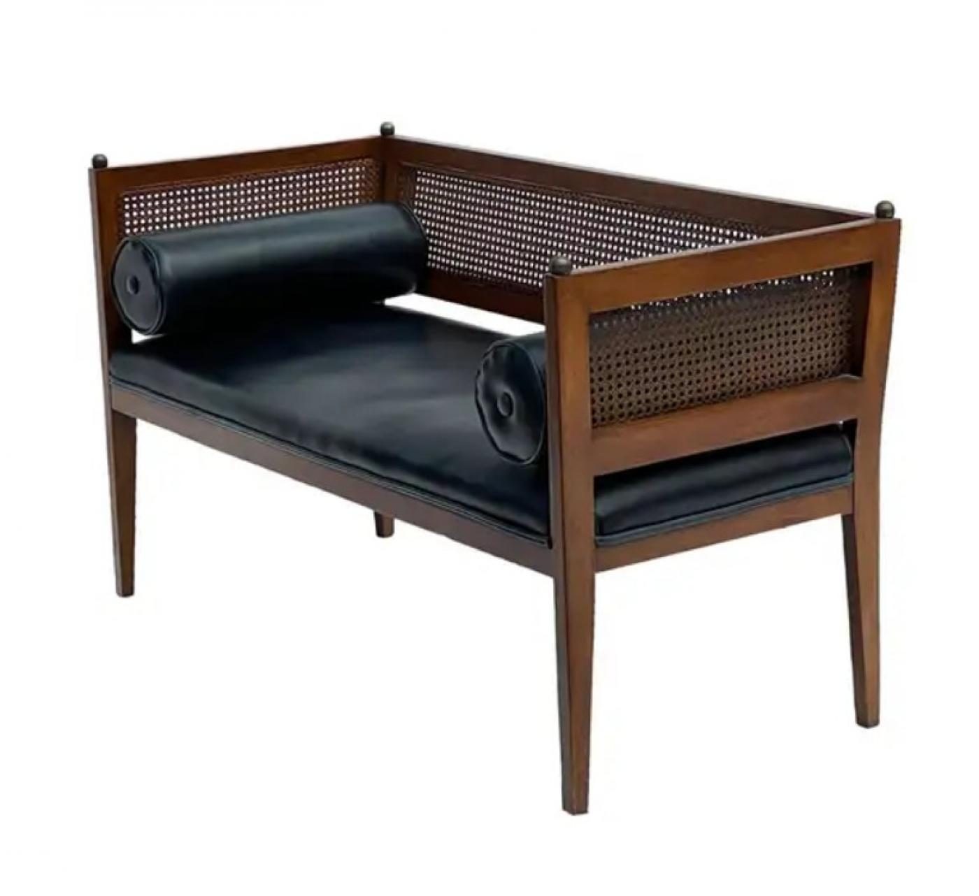 Mid Century American Modern Wood, Black Naugahyde & Cane Bench or ...