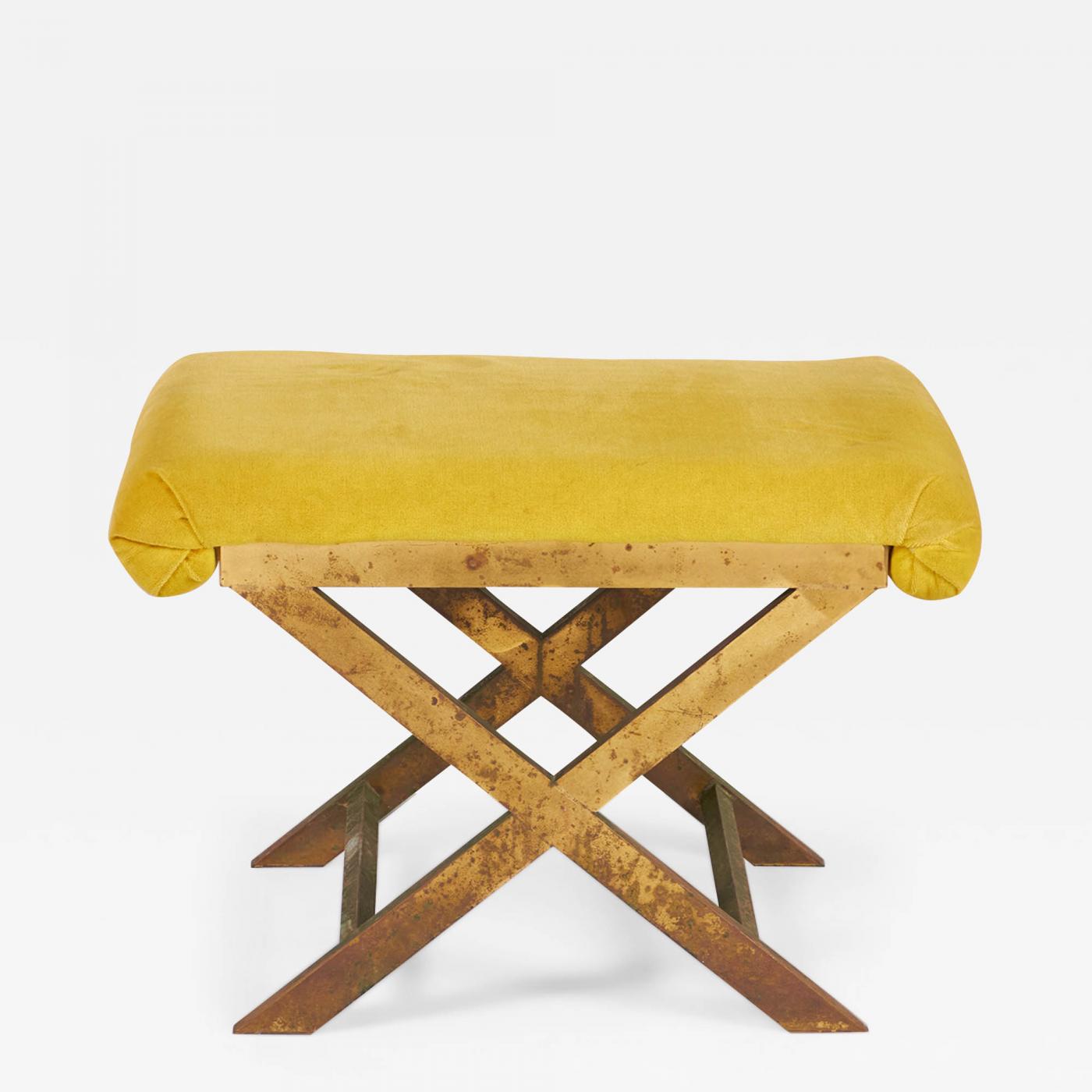 Mid Century Brass And Saffron Yellow Velour Upholstery X Bench
