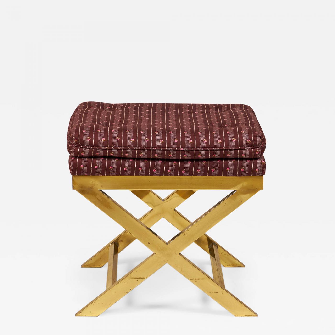 Mid Century Brass And Striped Maroon Upholstery X Bench