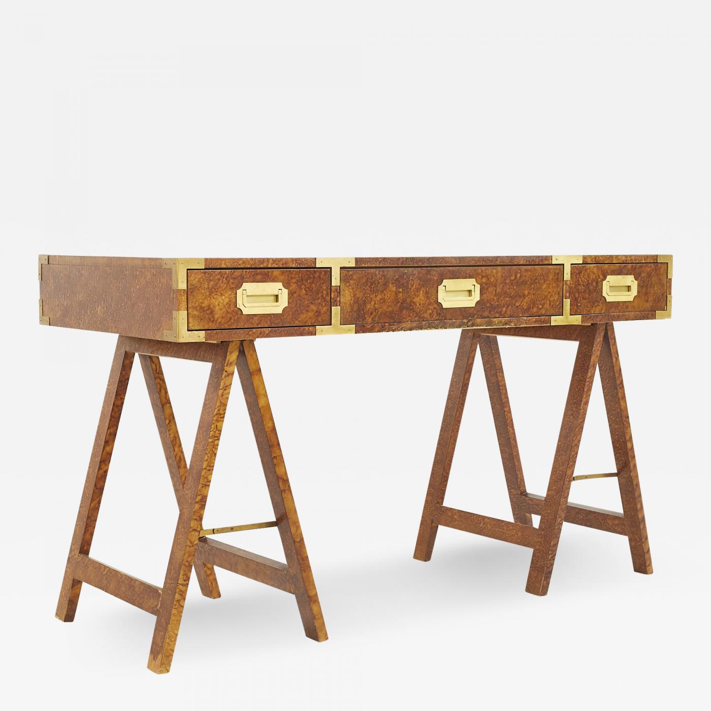 Mid Century Burlwood Campaign Sawhorse Desk