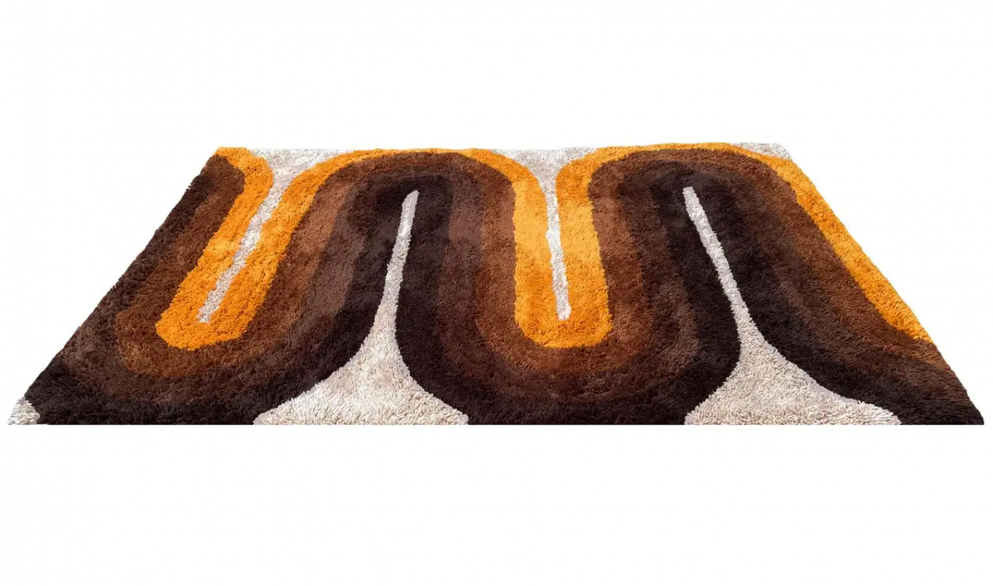 Mid-Century Danish Style Rya Area Shag Rug in Modern Wave Design