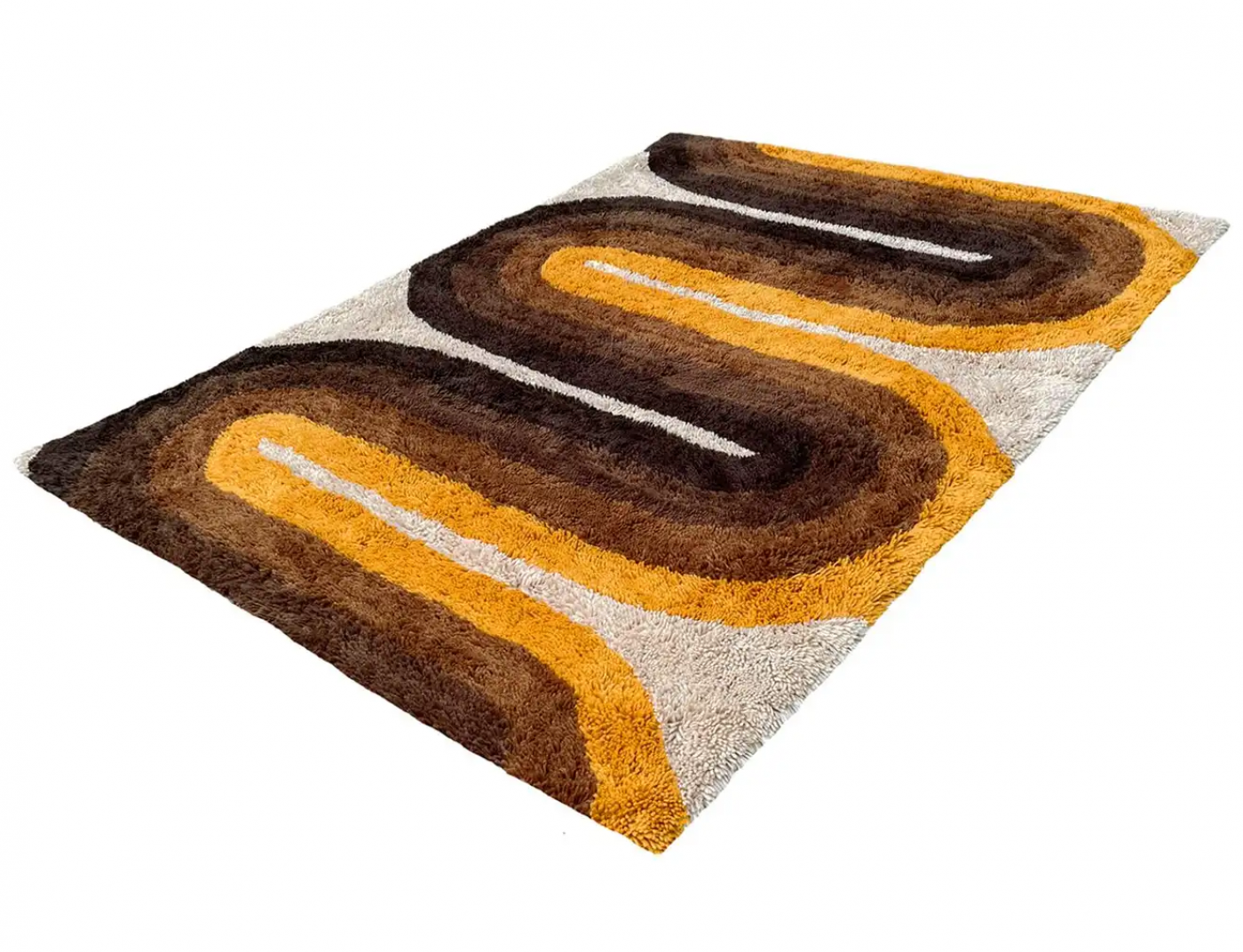 Mid-Century Danish Style Rya Area Shag Rug in Modern Wave Design