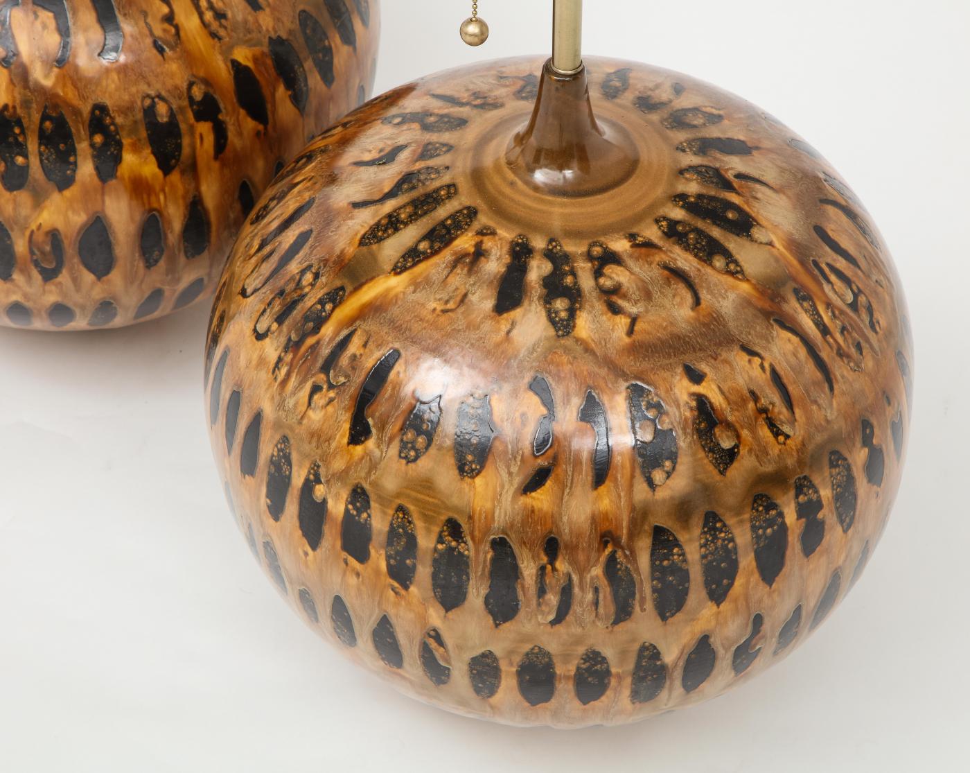 Mid Century, Hand Thrown Tortoise Shell Glazed Ceramic Lamps