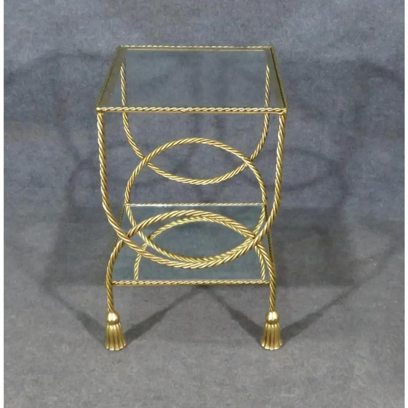 Mid Century Hollywood Regency Gilt Metal Glass Top Two Tier Side Table