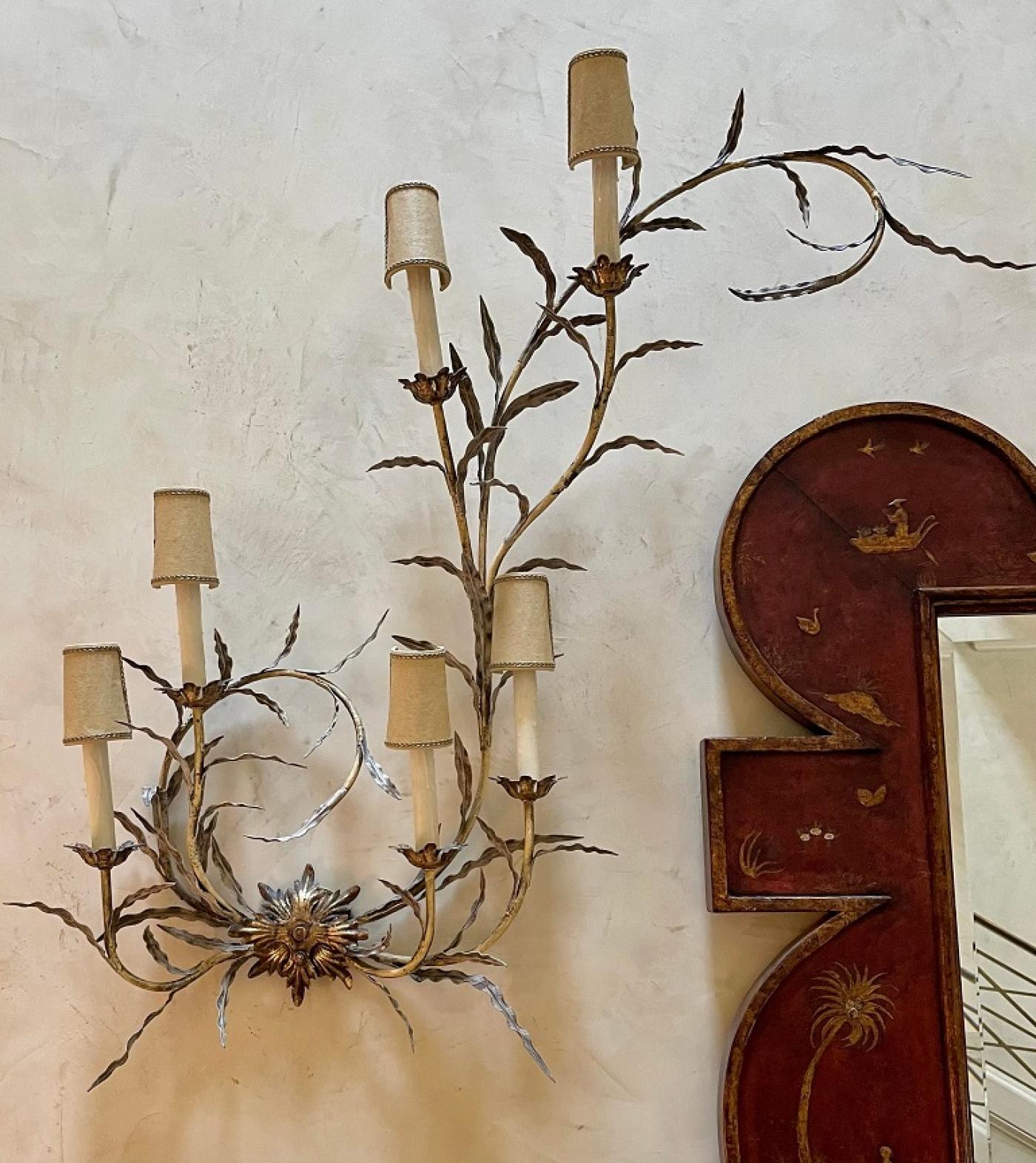 Mid Century Hollywood Regency Sconces White Gold Metal Leaf Sconces - a ...