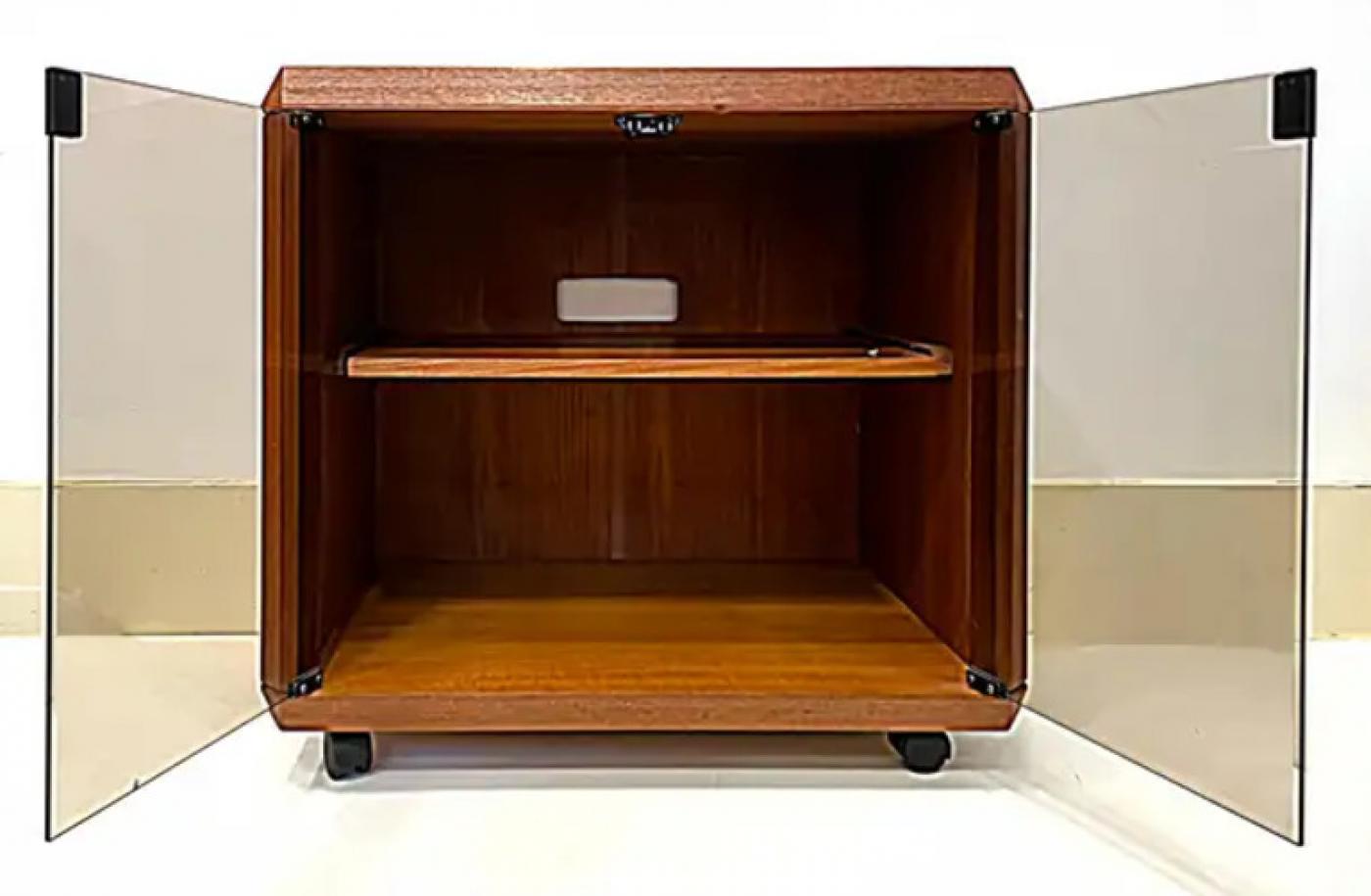 Mid-Century Modern Glass Door Teak Night Stands, Casters, Pair
