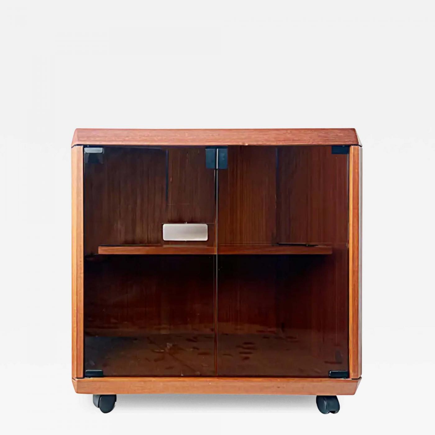 Mid-Century Modern Glass Door Teak Night Stands, Casters, Pair