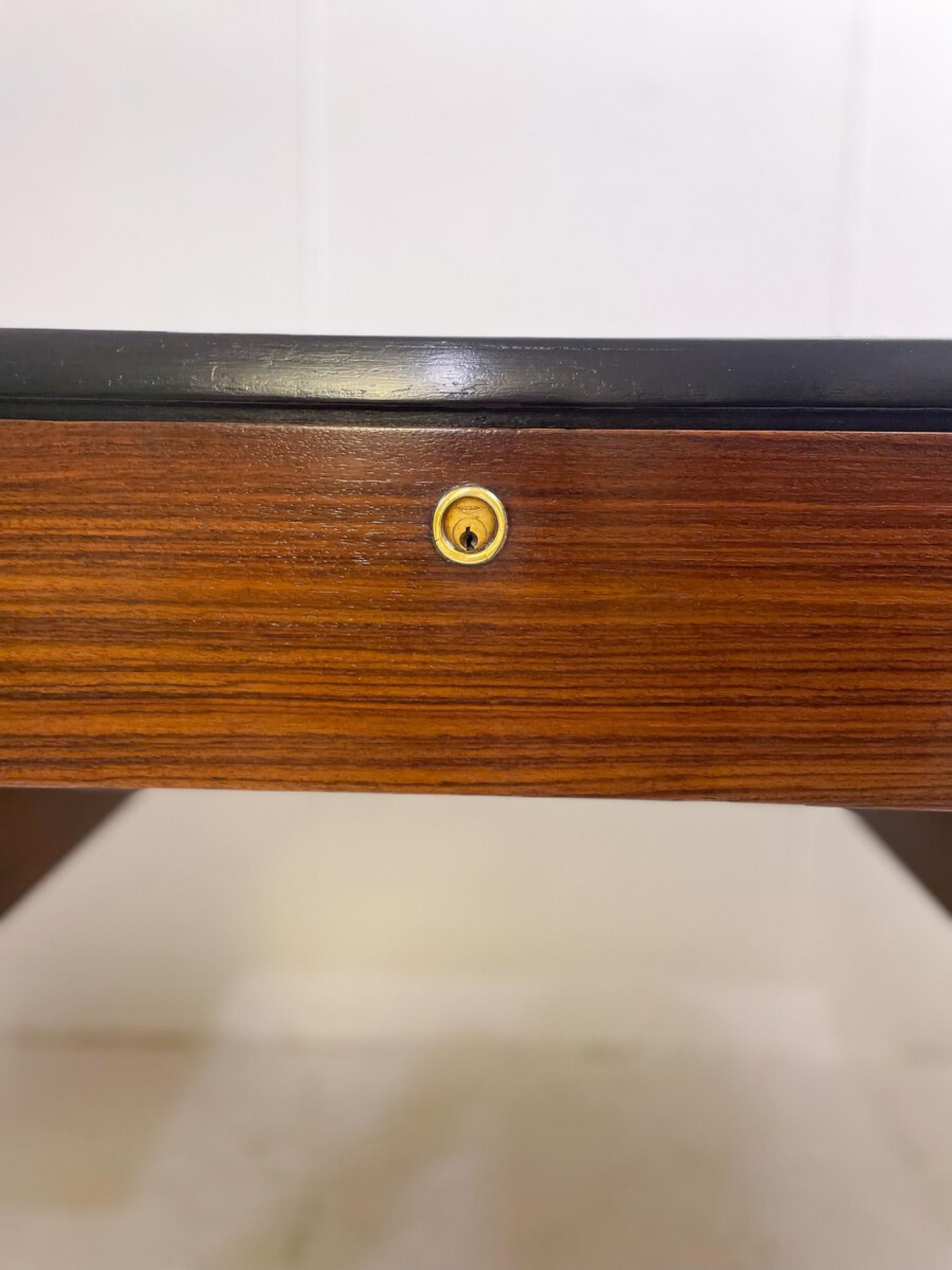 Mid Century Modern Leather Top Desk with Brass Handles