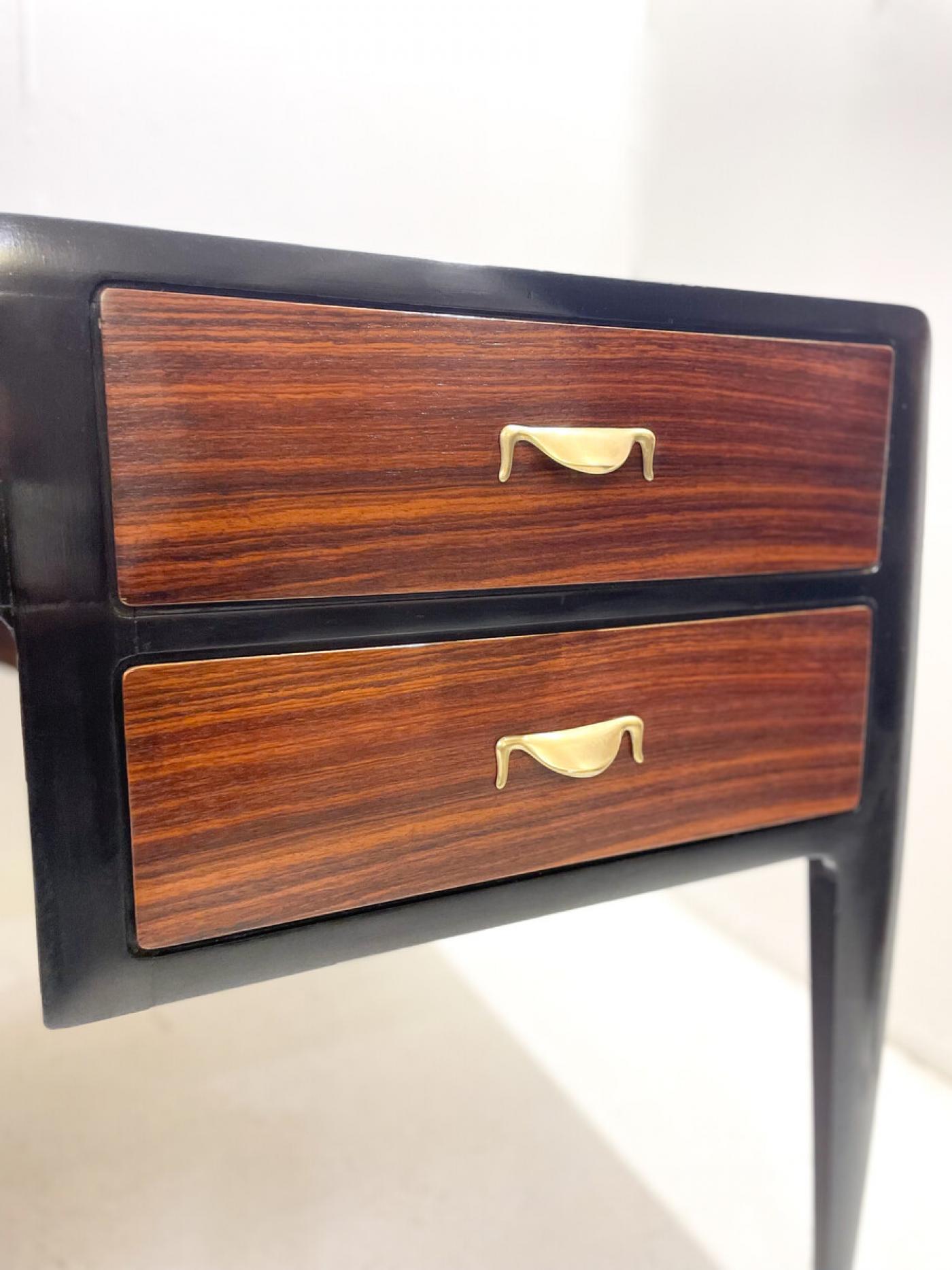 Mid Century Modern Leather Top Desk with Brass Handles