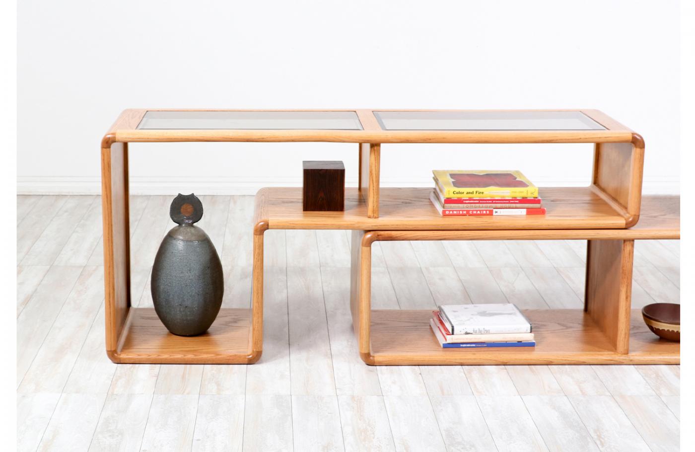 Mid-Century Modern Modular Oak & Glass Bookshelves