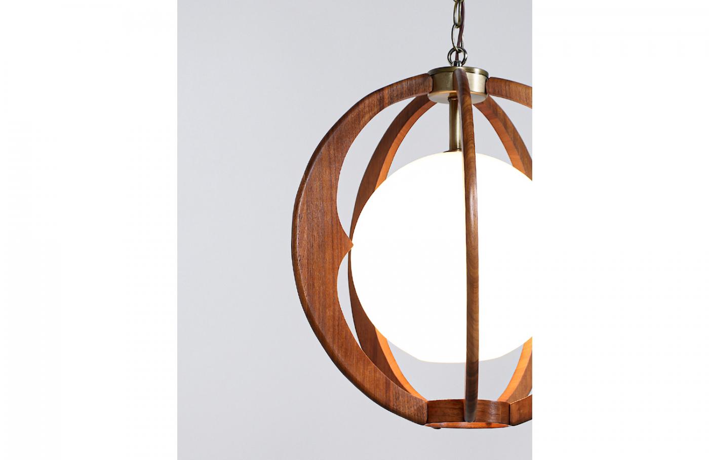 Mid-Century Modern Sculpted Walnut & Glass Sphere Pendant Chandelier