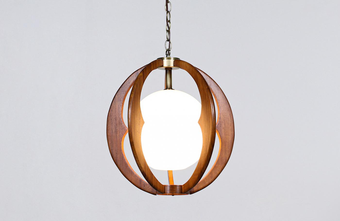 Mid-Century Modern Sculpted Walnut & Glass Sphere Pendant Chandelier