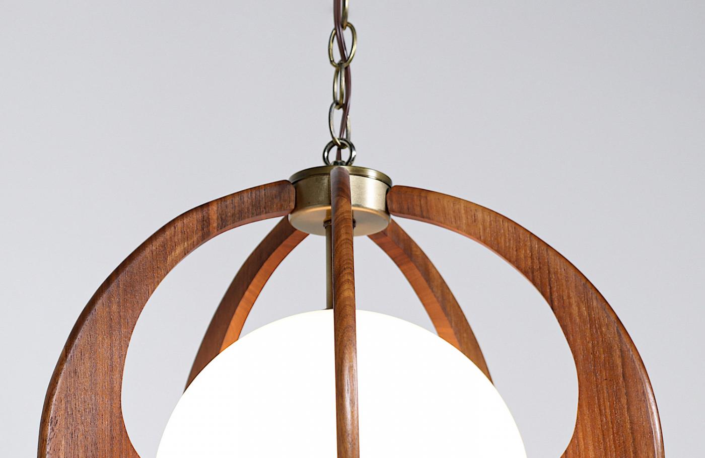 Mid-Century Modern Sculpted Walnut & Glass Sphere Pendant Chandelier
