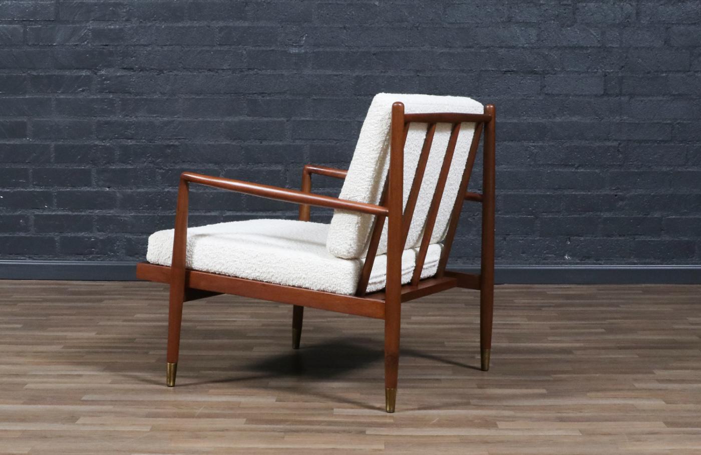 Mid-Century Modern Sculpted Walnut Lounge Chair w/ Brass Sabots
