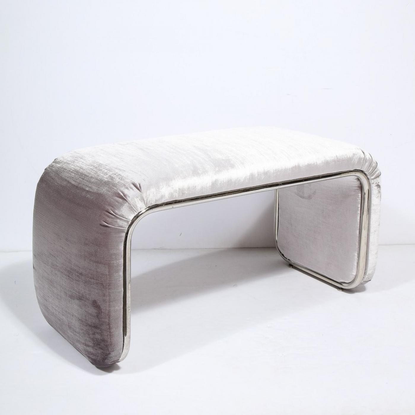 Mid-Century Modern Streamlined Waterfall Bench in Chrome & Smoked Velvet