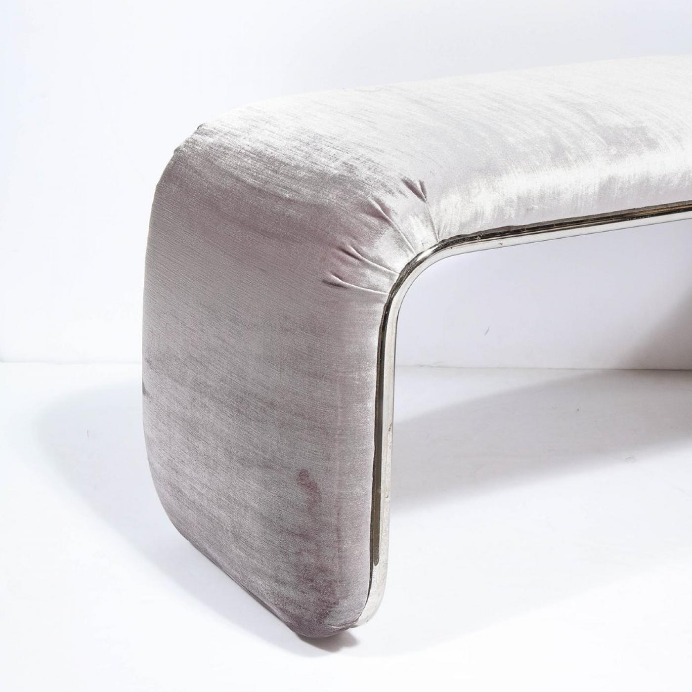 Mid-Century Modern Streamlined Waterfall Bench in Chrome & Smoked Velvet