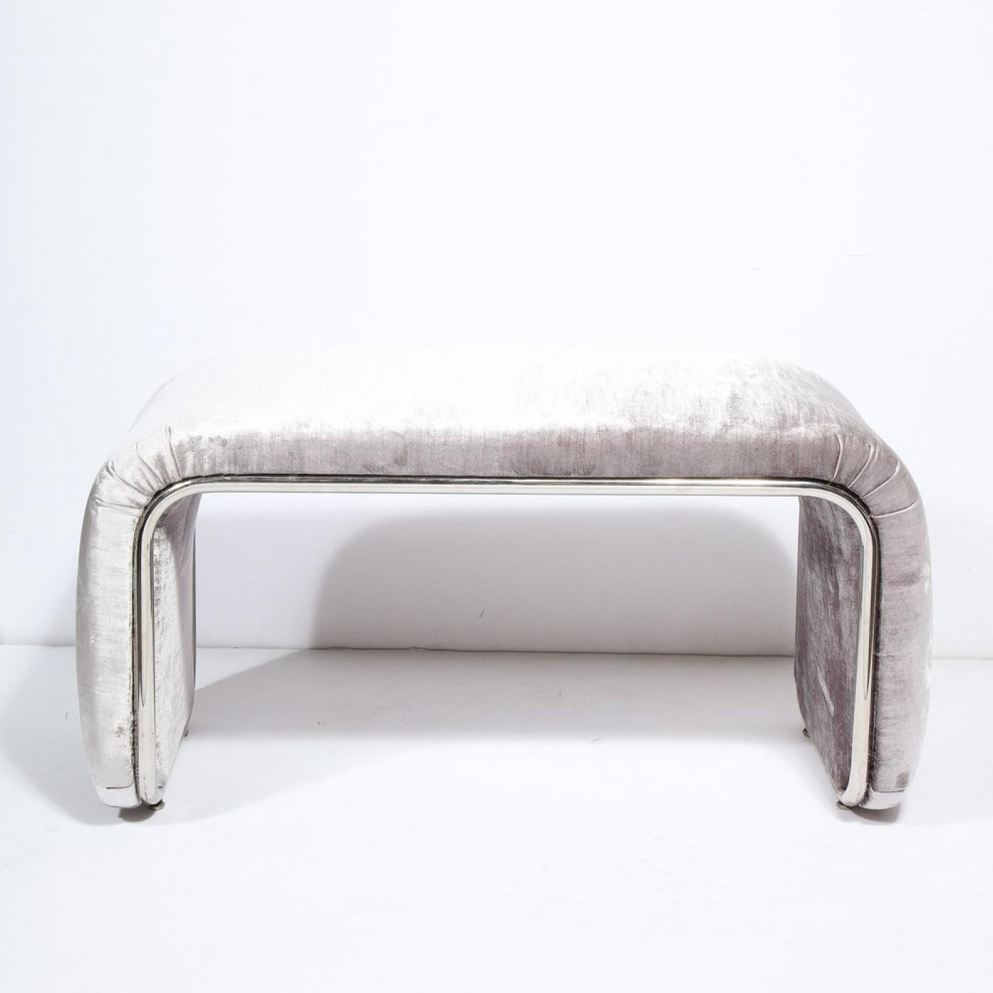 Mid-Century Modern Streamlined Waterfall Bench in Chrome & Smoked Velvet