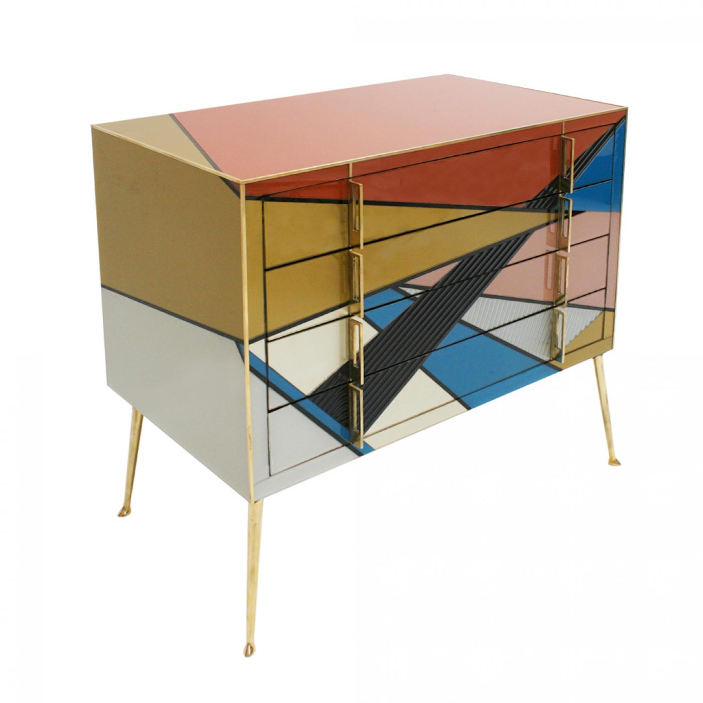 Mid-Century Modern Style Murano Colored Glass and Brass Italian Commode
