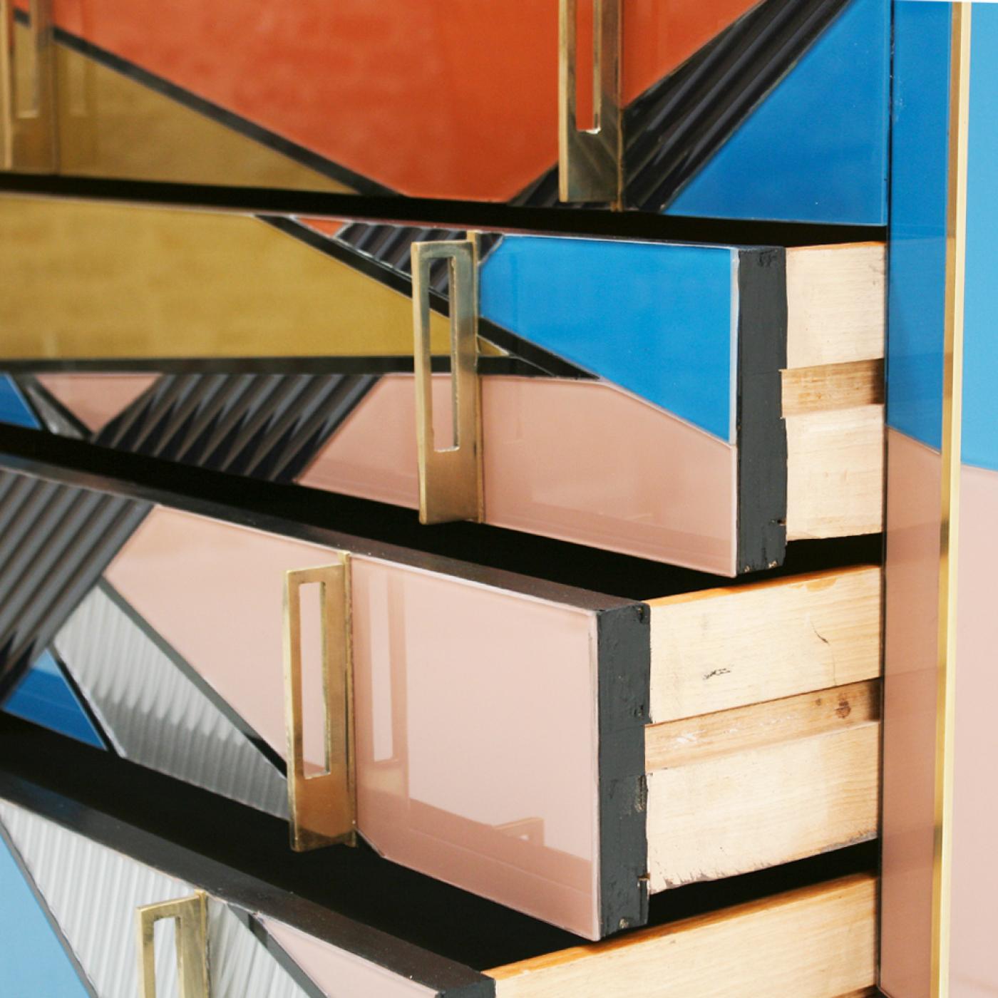 Mid-Century Modern Style Murano Colored Glass and Brass Italian Commode