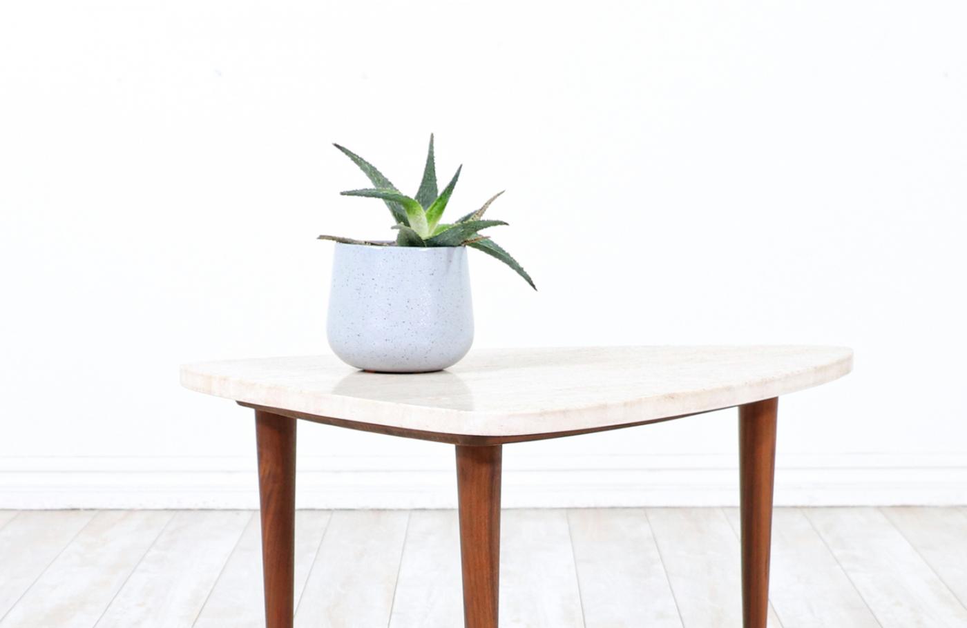 Mid-Century Modern Triangular Travertine Stone Top Side Table