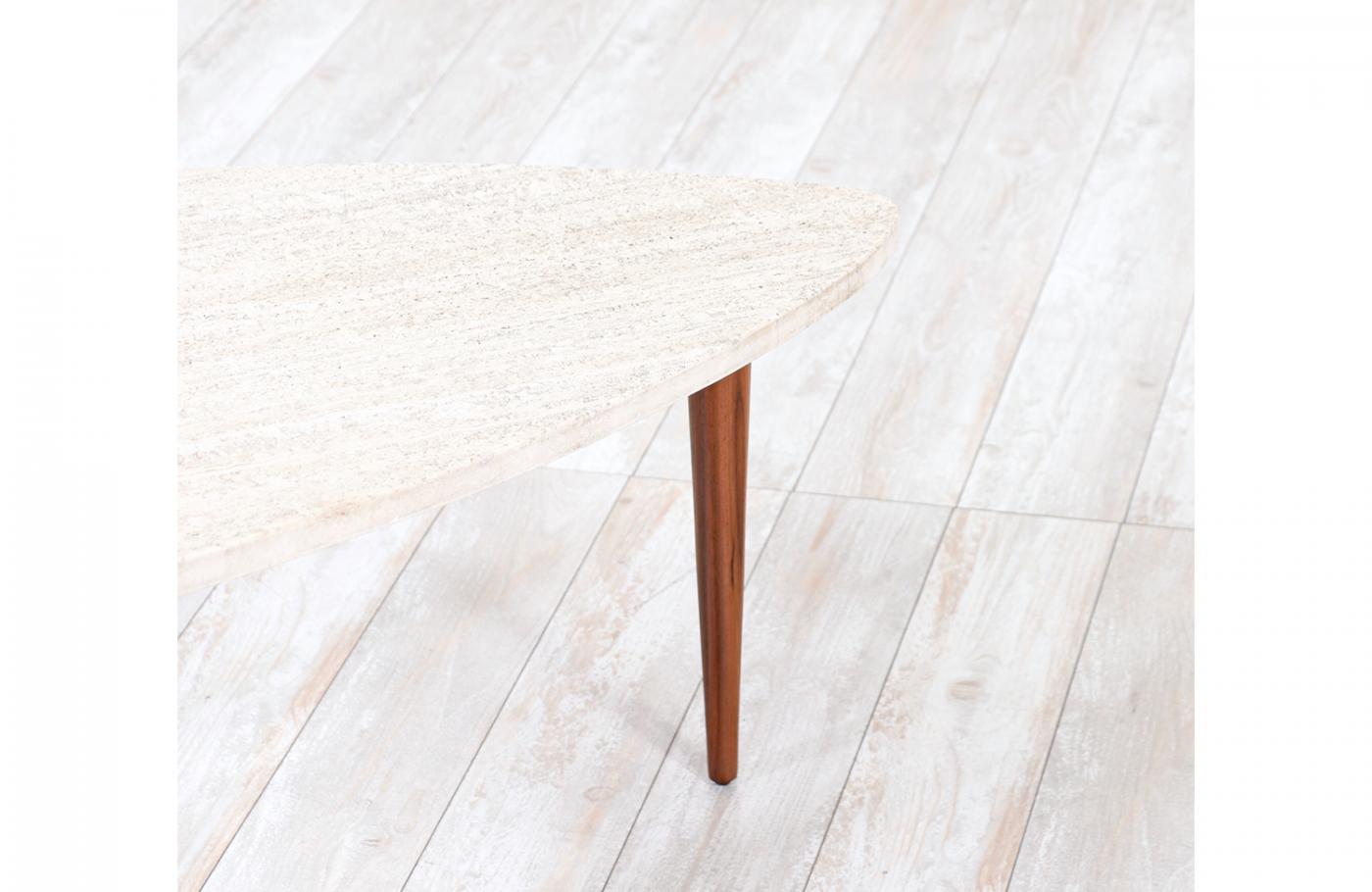 Mid-Century Modern Triangular Travertine Stone Top Side Table
