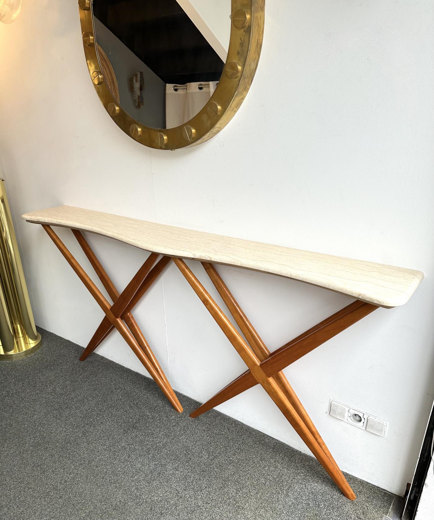 Mid-Century Modern Wood and Marble Wave Console Table. Italy