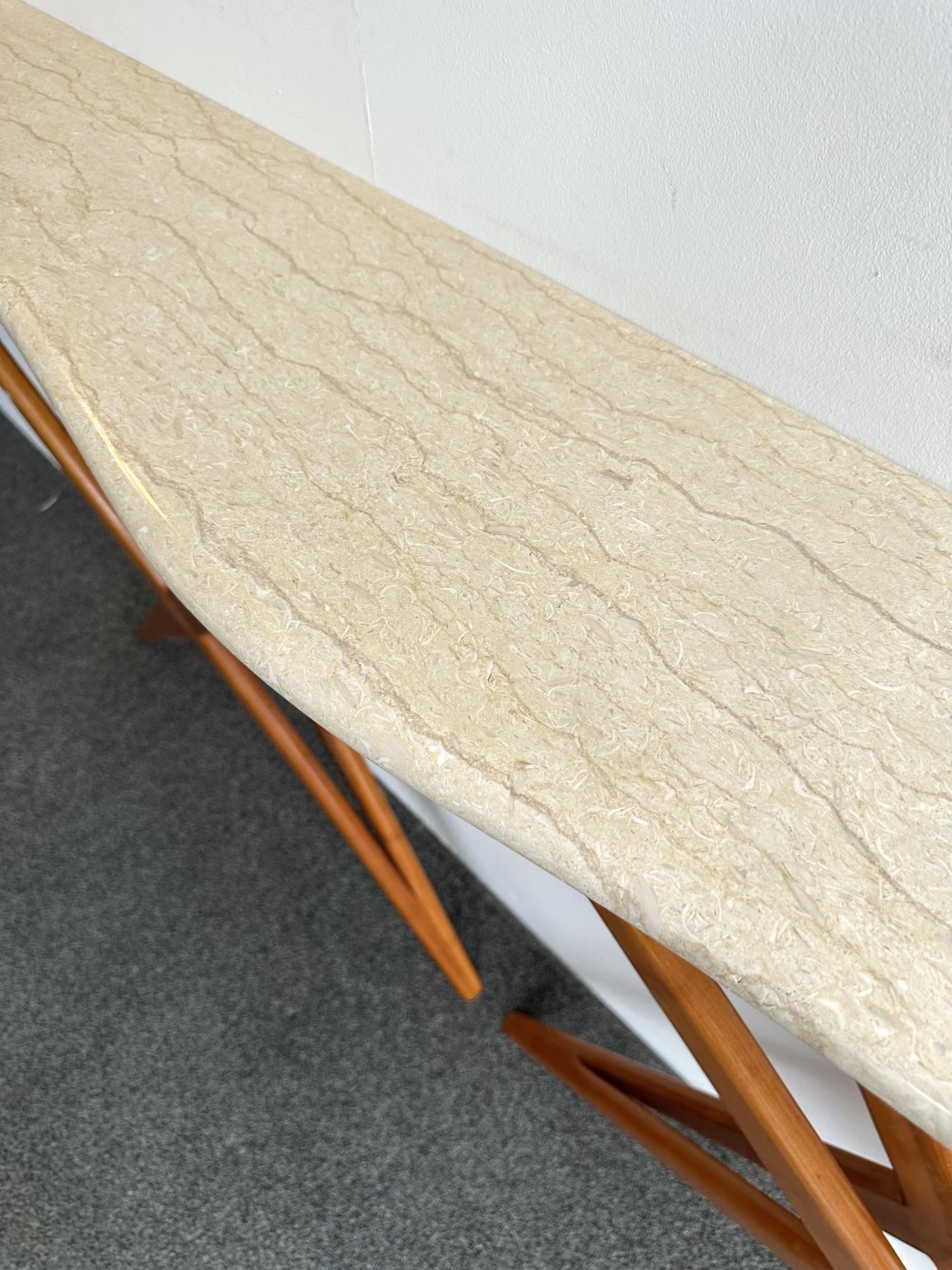 Mid-Century Modern Wood and Marble Wave Console Table. Italy