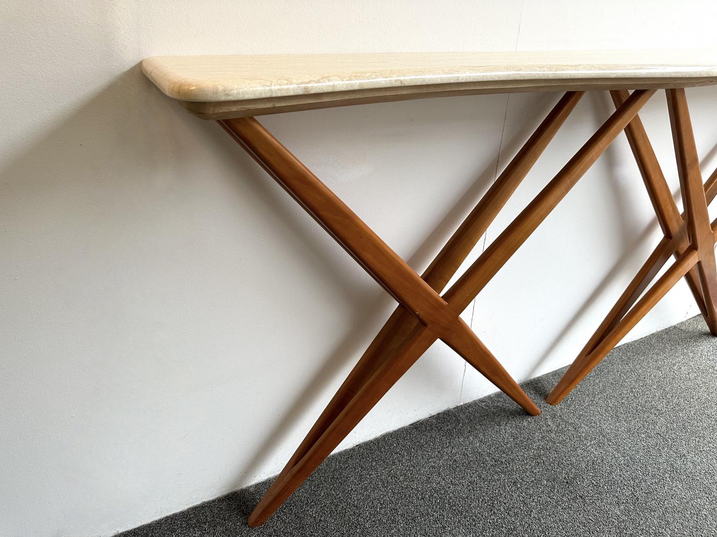 Mid-Century Modern Wood and Marble Wave Console Table. Italy