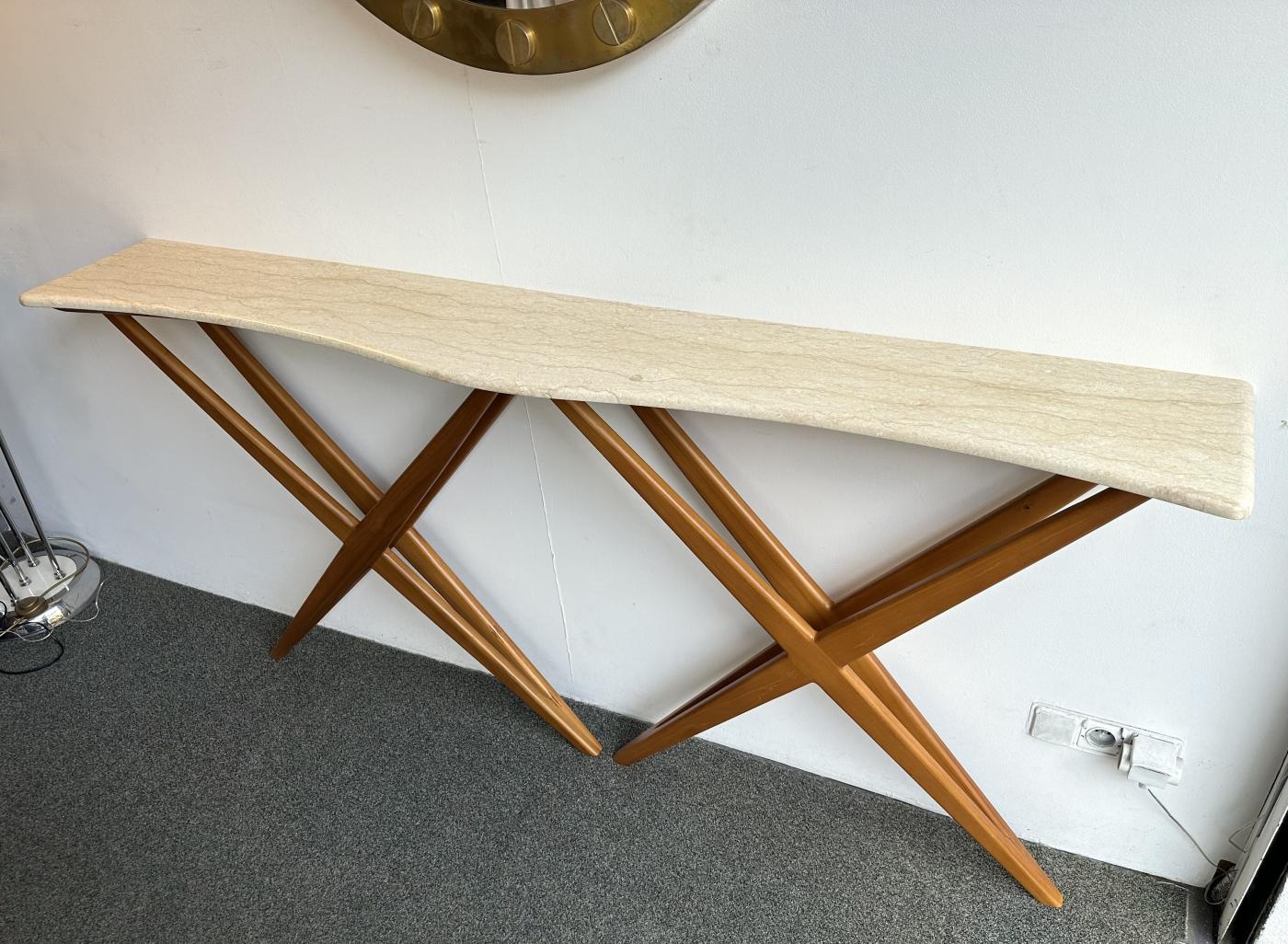 Mid-Century Modern Wood and Marble Wave Console Table. Italy