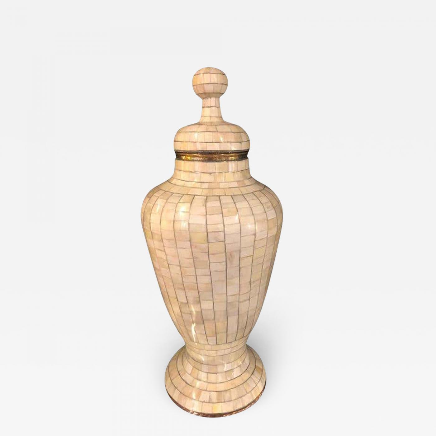 Mid-Century Off-White Mosaic Natural Bone with Brass Inlay Urn or Vase