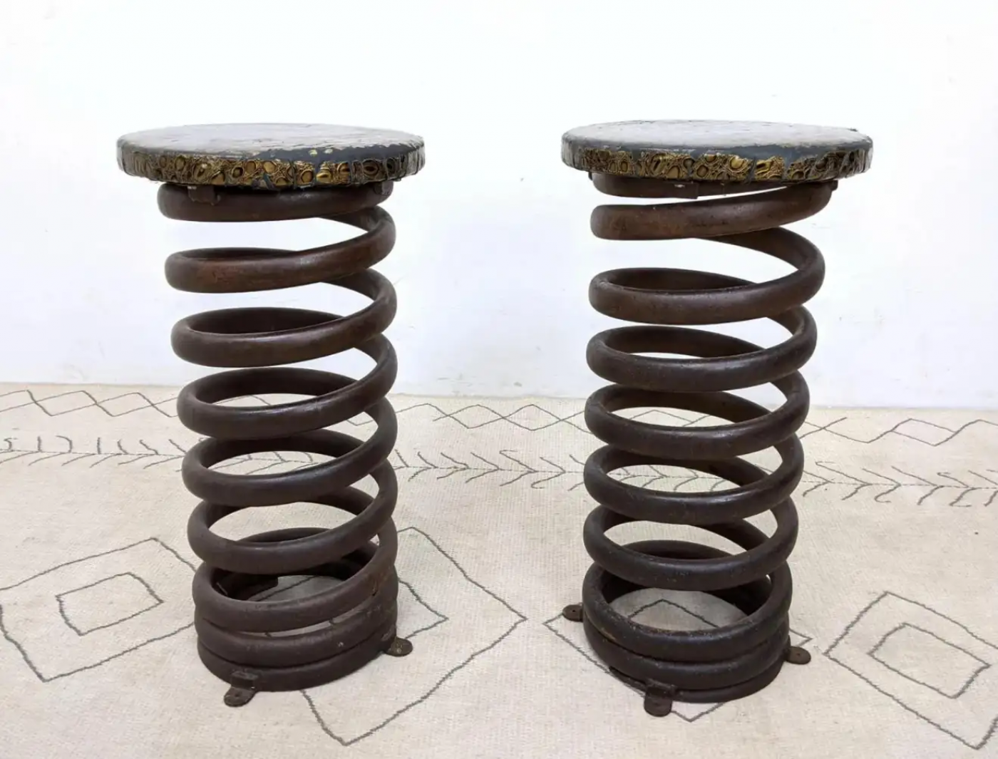 Mid Century Pair Heavy Coil Spring Bar Stools Pair Industrial Steam ...