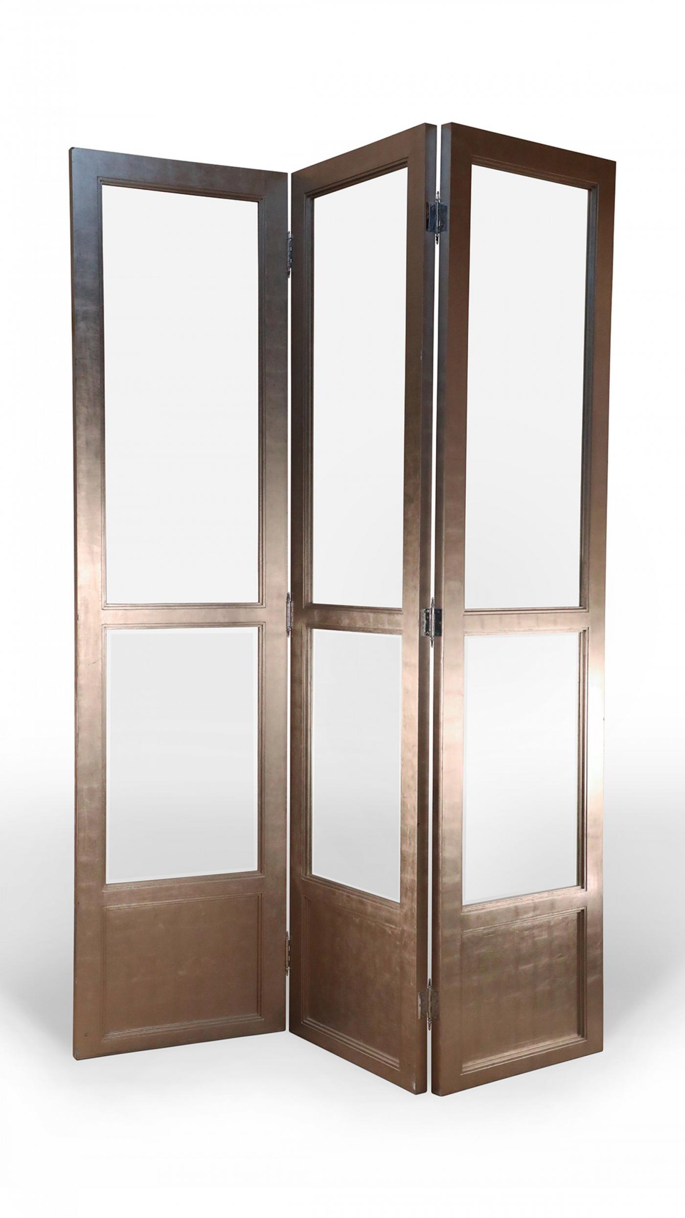 Mid-Century Silver Leaf and Glass Three Panel Room Divider Screen