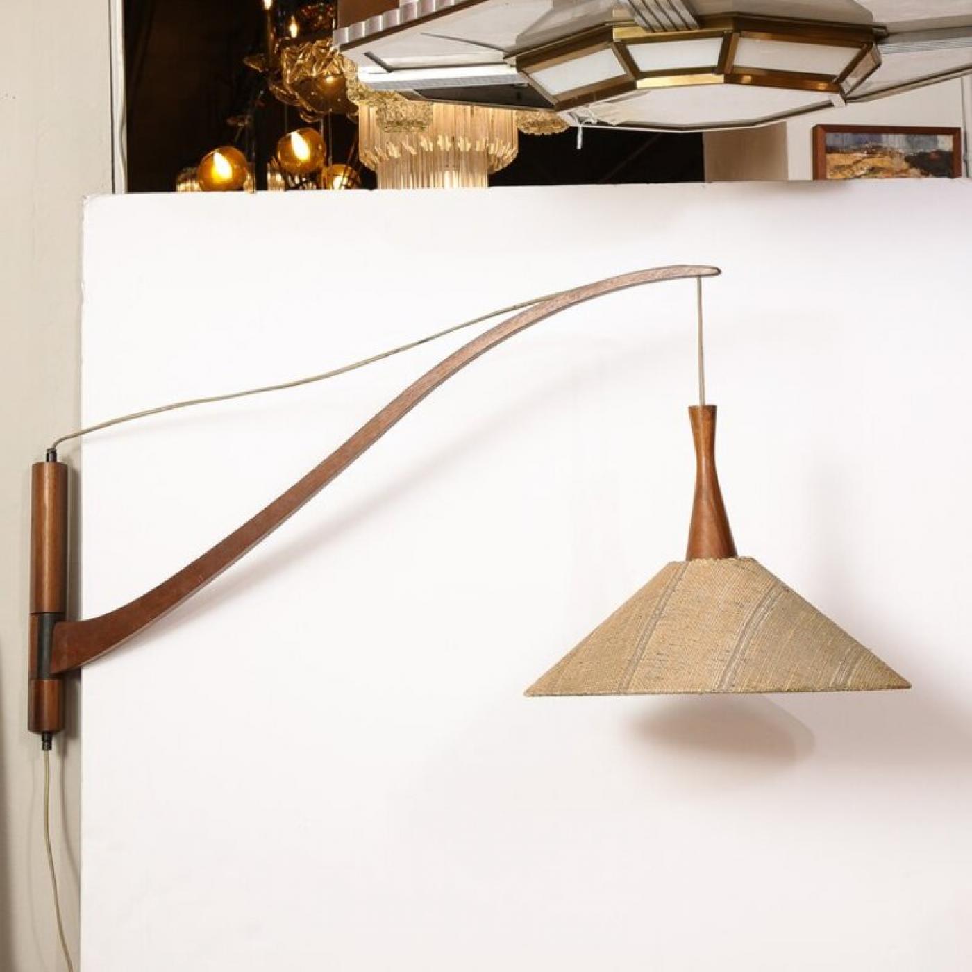 Mid-Century Solid Teak Wood Swing Arm Wall Chandelier with Hessin Shade