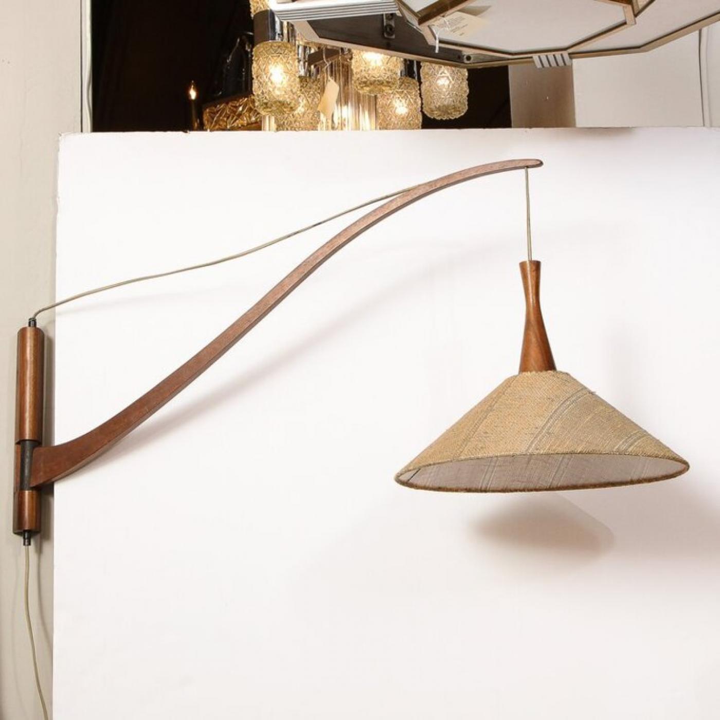 Mid-Century Solid Teak Wood Swing Arm Wall Chandelier with Hessin Shade