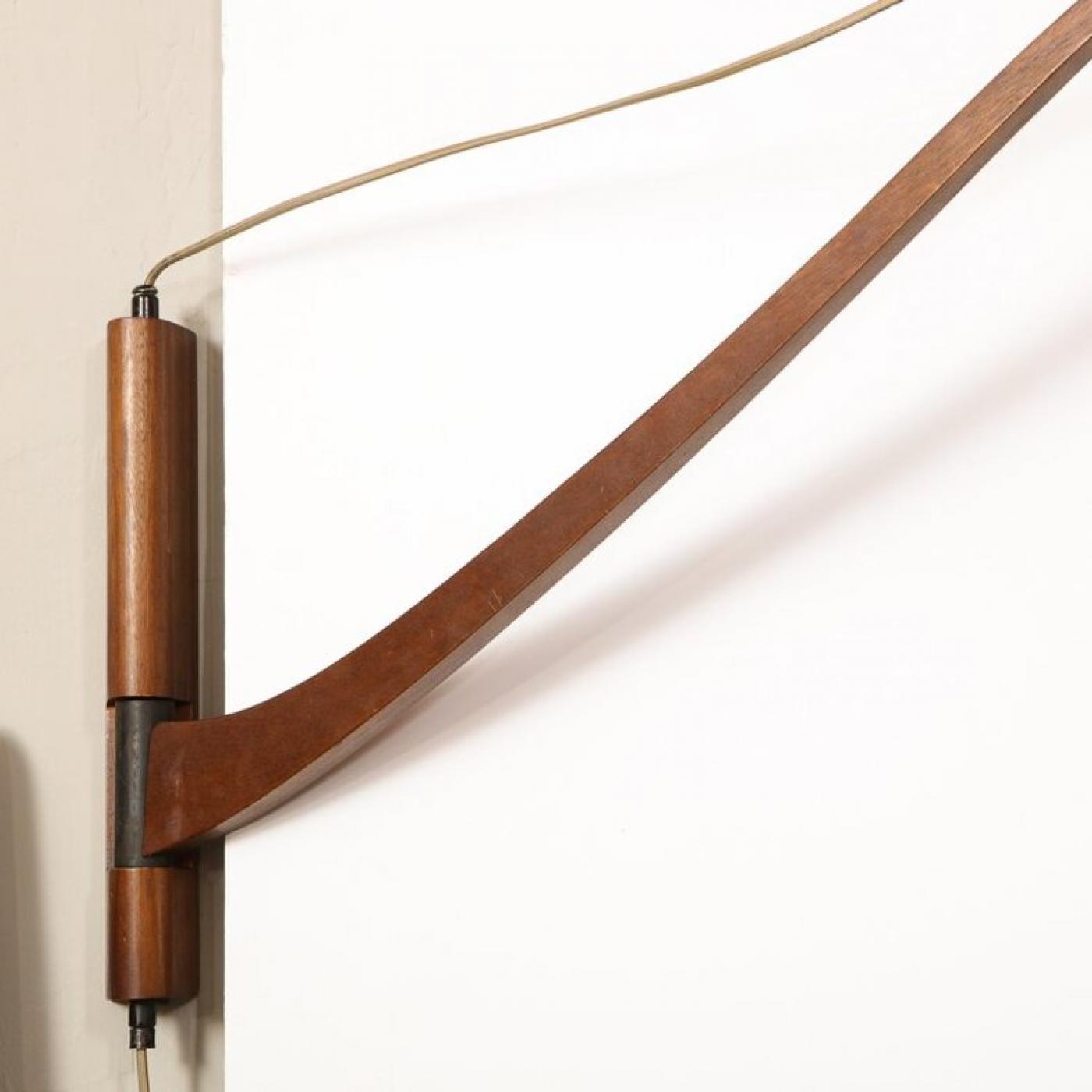 Mid-Century Solid Teak Wood Swing Arm Wall Chandelier with Hessin Shade