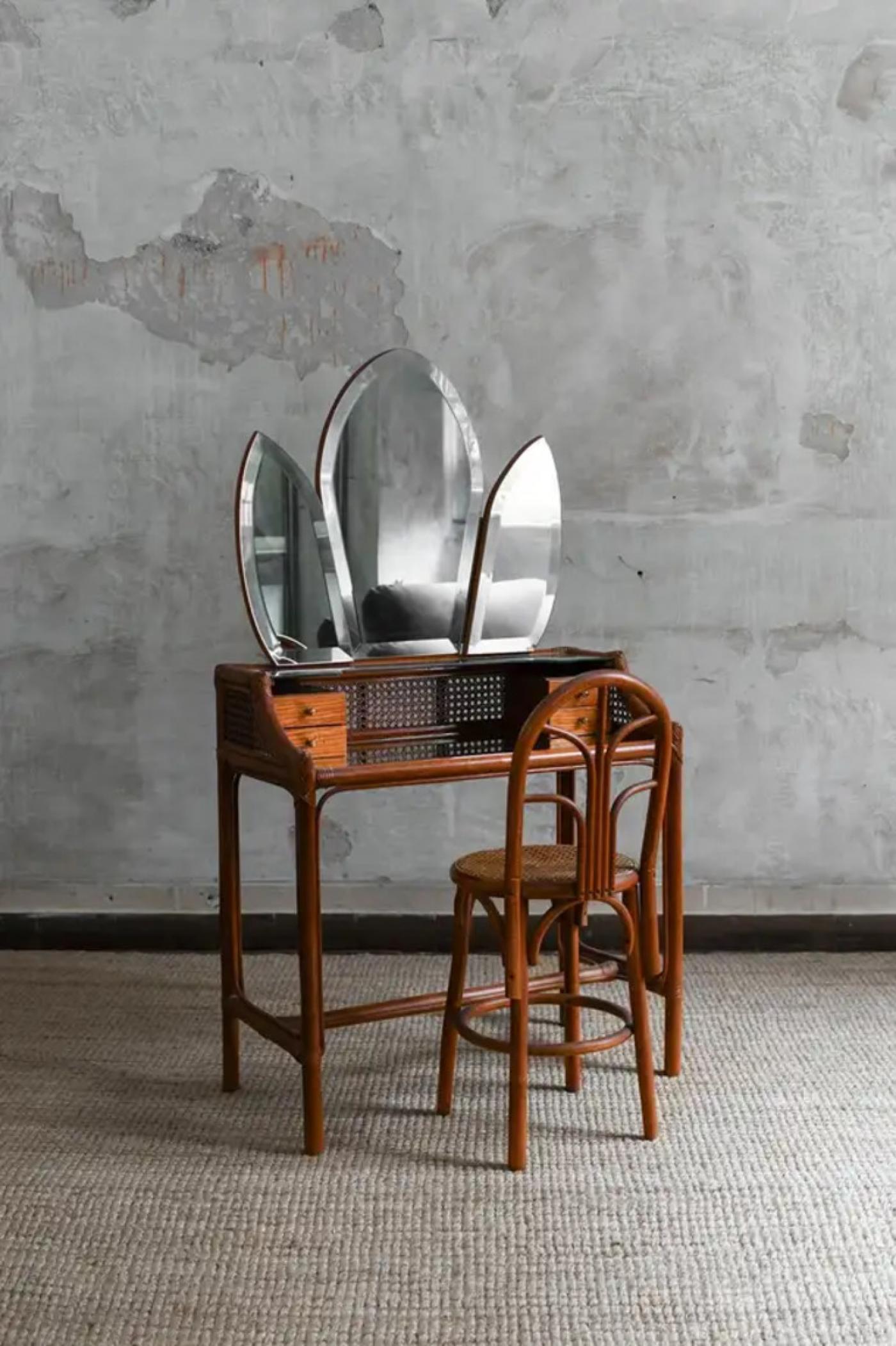 Mid-Century Vanity In With Brass Details And Side-Panel Mirrors