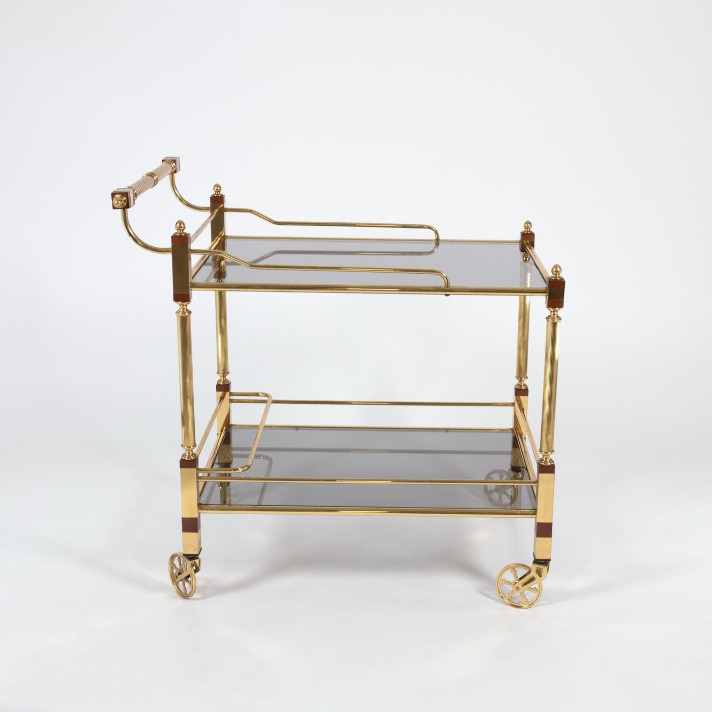 Mid-century, Hollywood Regency Style, Brass & Smoke Glass Rolling Bar Cart