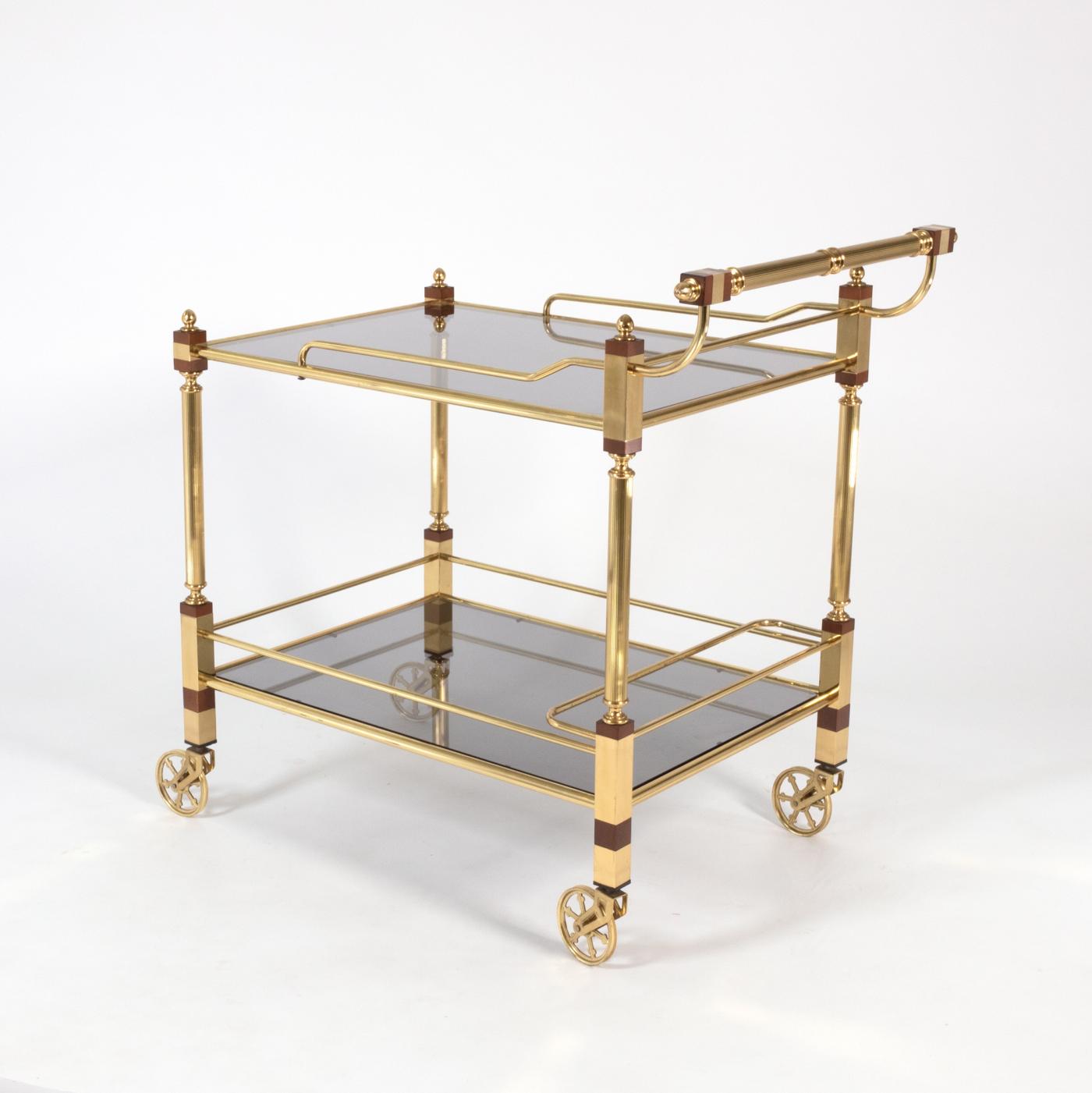 Mid-century, Hollywood Regency Style, Brass & Smoke Glass Rolling Bar Cart