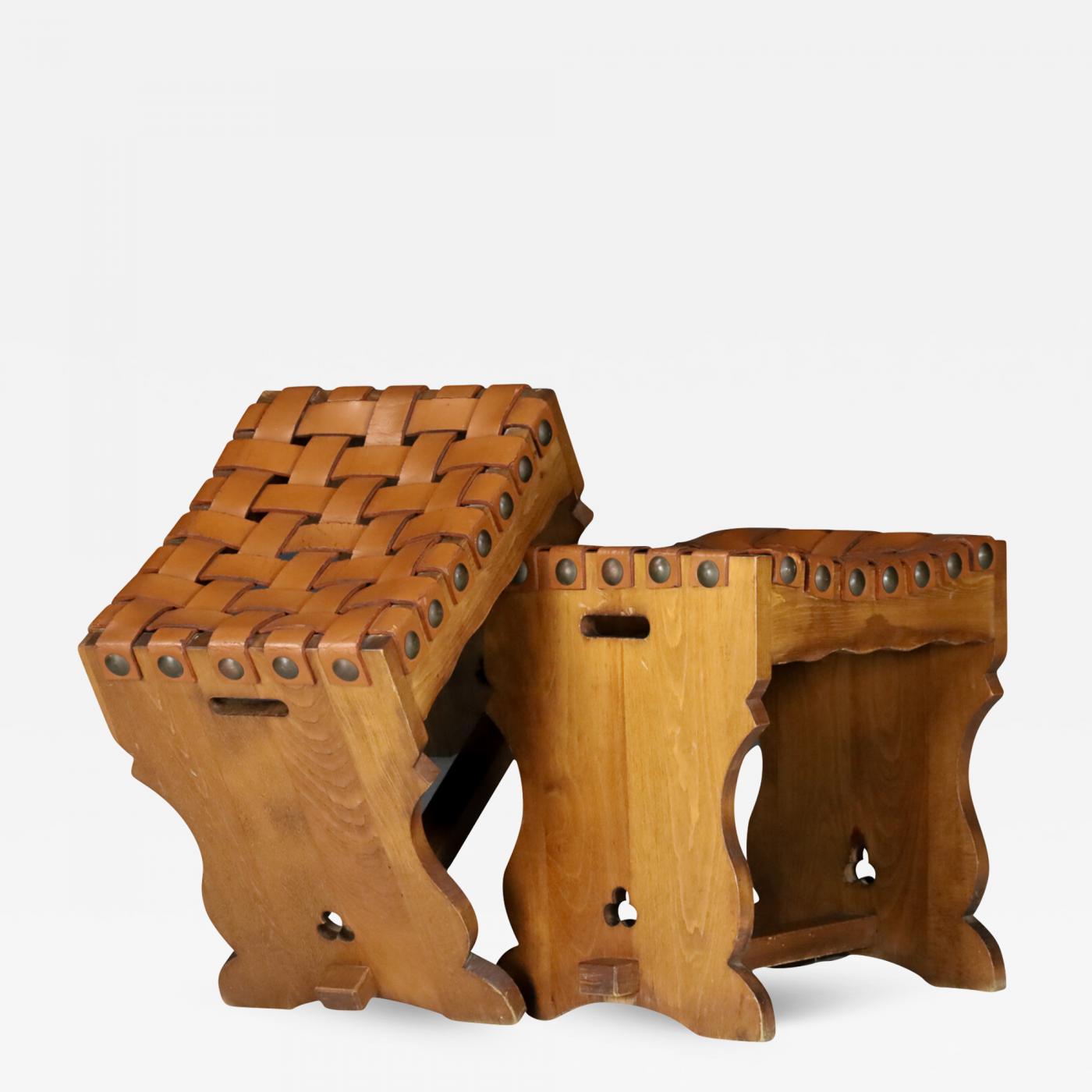 Mid-century Spanish Brutalist Woven Leather Stool