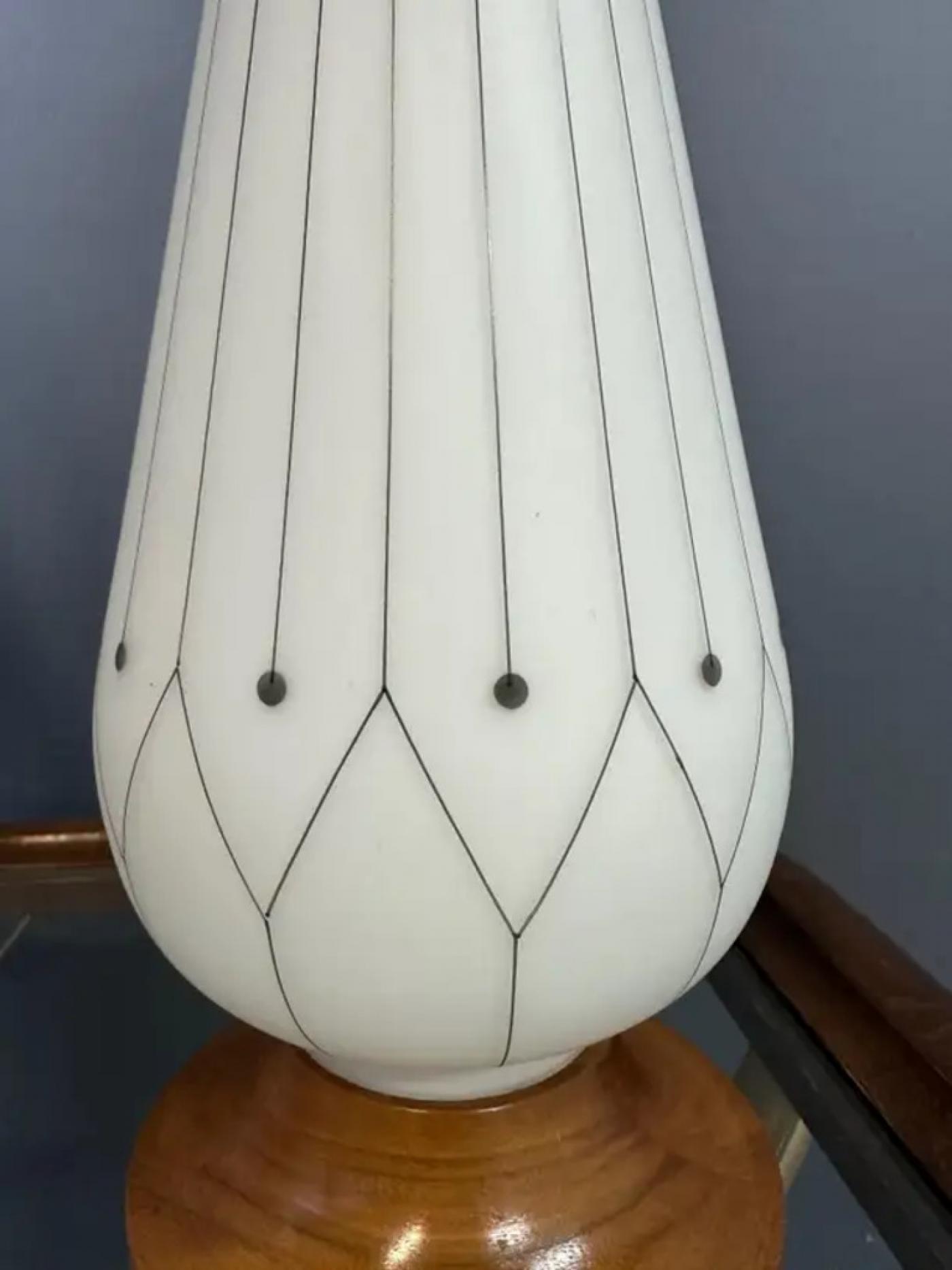 Midcentury Pair of Danish Glass & Walnut Table Lamps with a Geometric ...