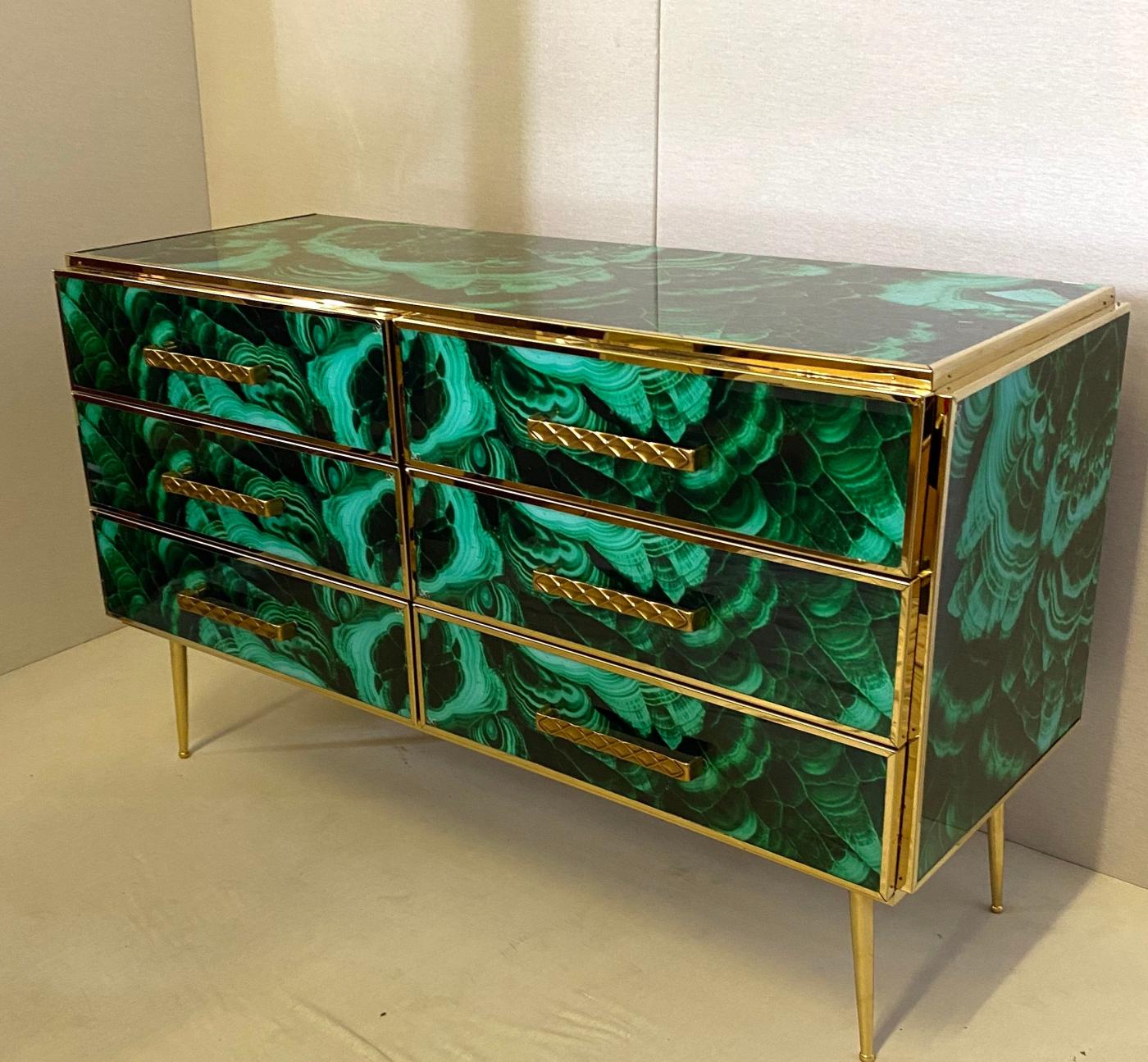 Murano Glass - Midcentury Style Brass and Malachite Colored Murano ...