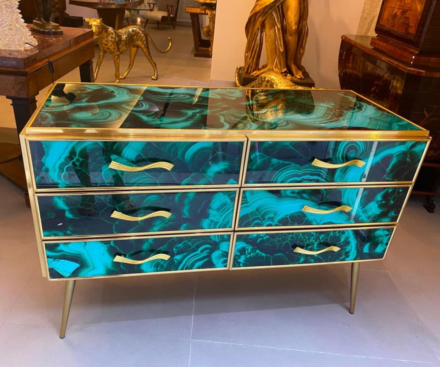 Midcentury Style Brass and Malachite Colored Murano Glass Commode, 2020