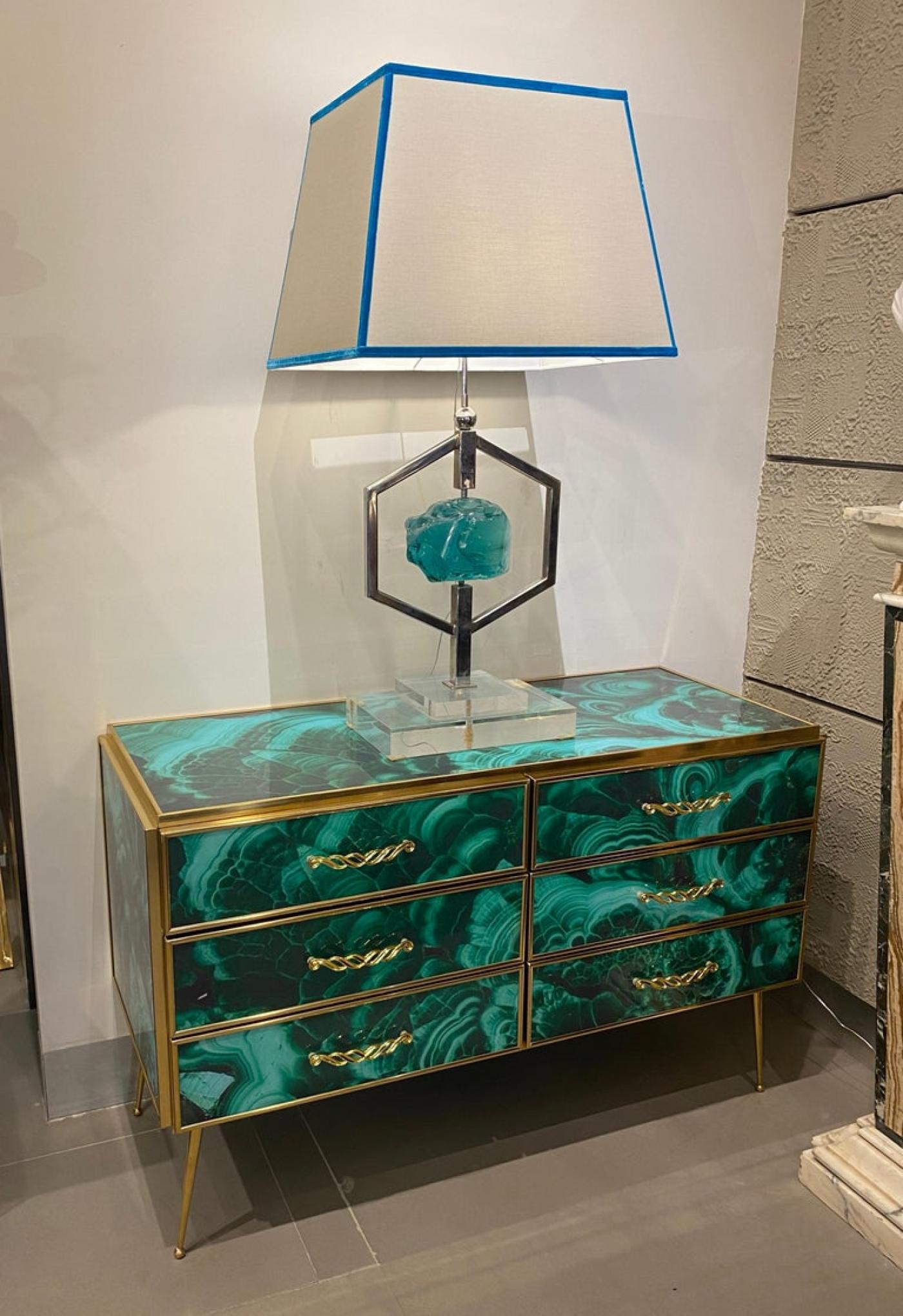 Midcentury Style Brass and Malachite Colored Murano Glass Commode, 2020