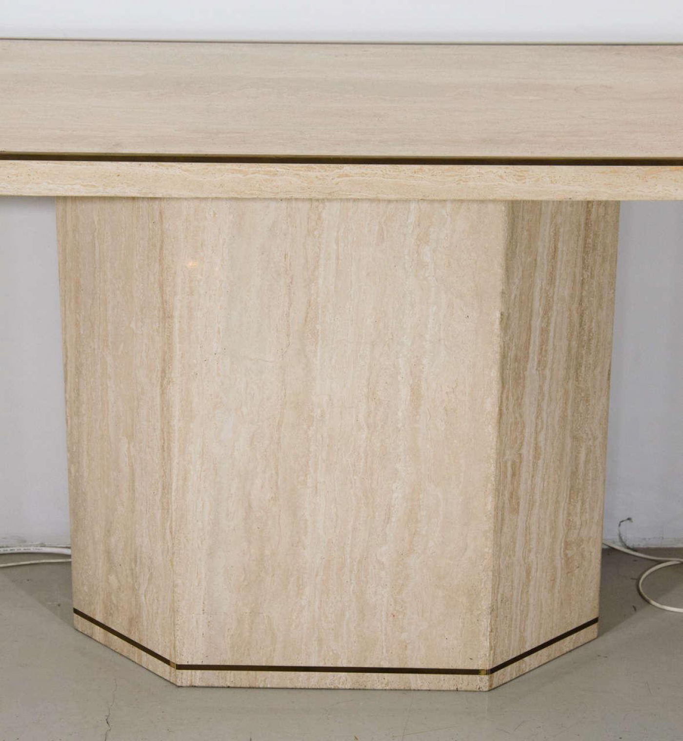 Minimalist Travertine Console Table With Brass Edging in Style of Willy ...