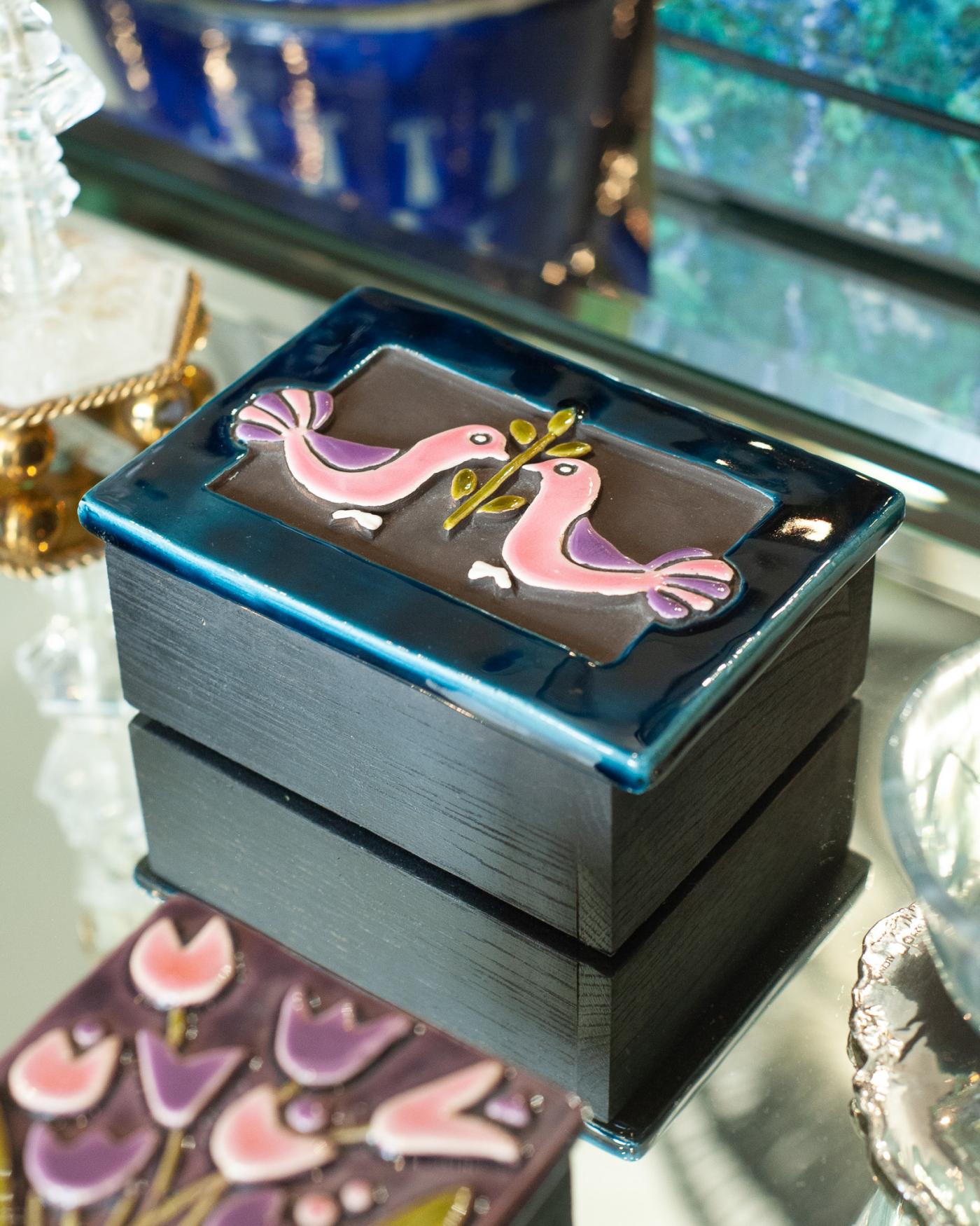 Mithe Espelt - Mid Century Pink and Blue Ceramic Box with Birds by ...