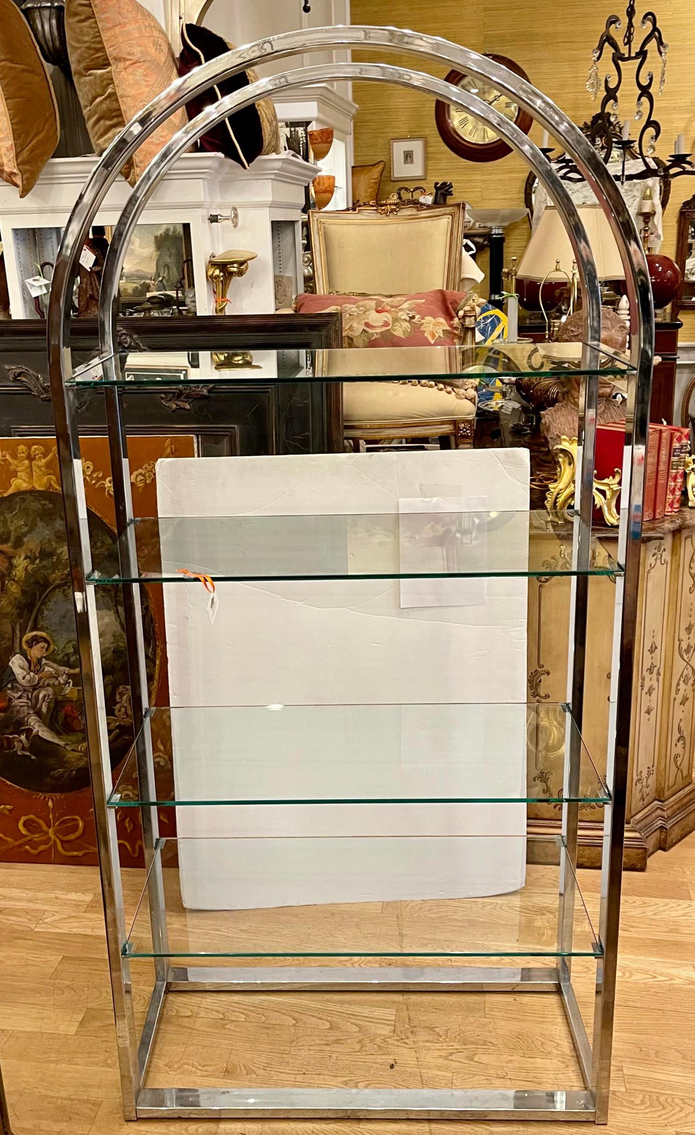 Modern Chrome & Glass Arched Etagere Display Shelving Unit