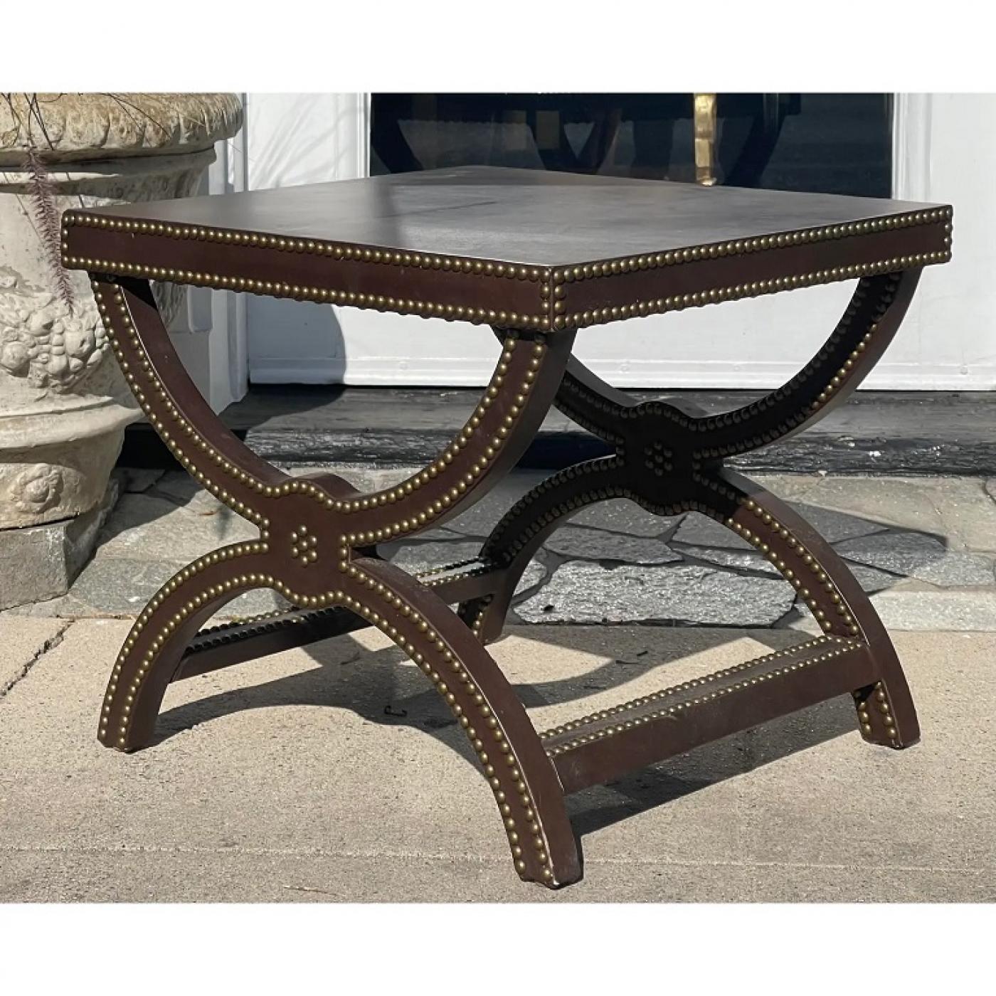 Modern Designer Curule Studded Leather Stool Bench or Side Table