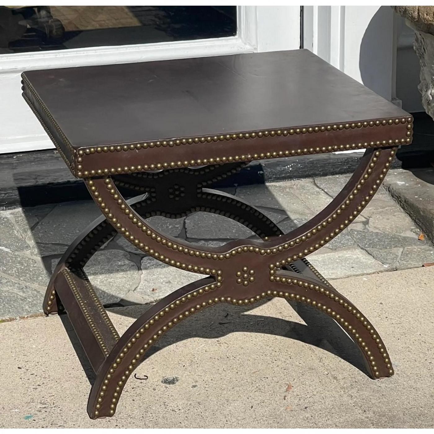 Modern Designer Curule Studded Leather Stool Bench or Side Table